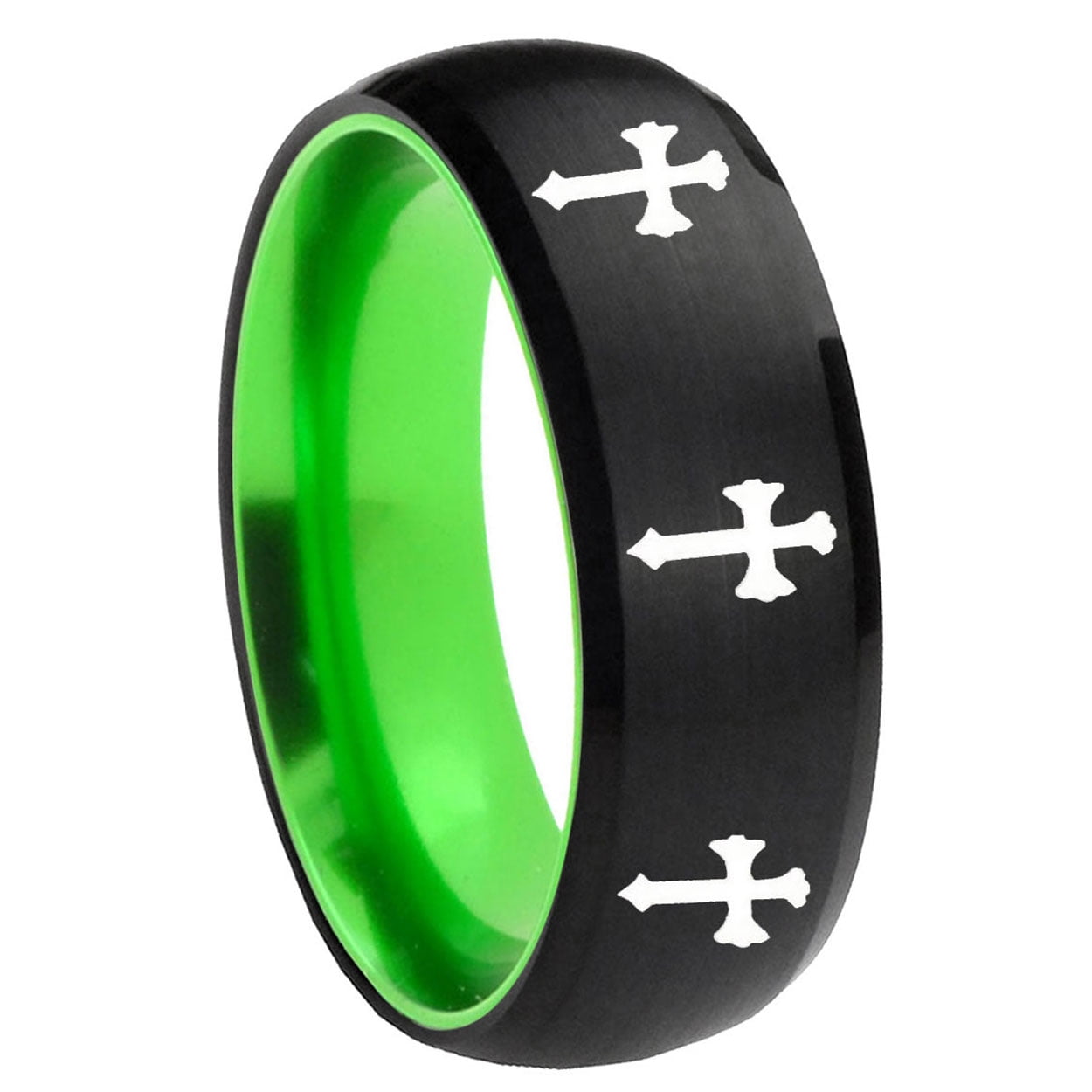 Multiple Christian Cross 8MM Dome Black And Green Tungsten Men Ring ...