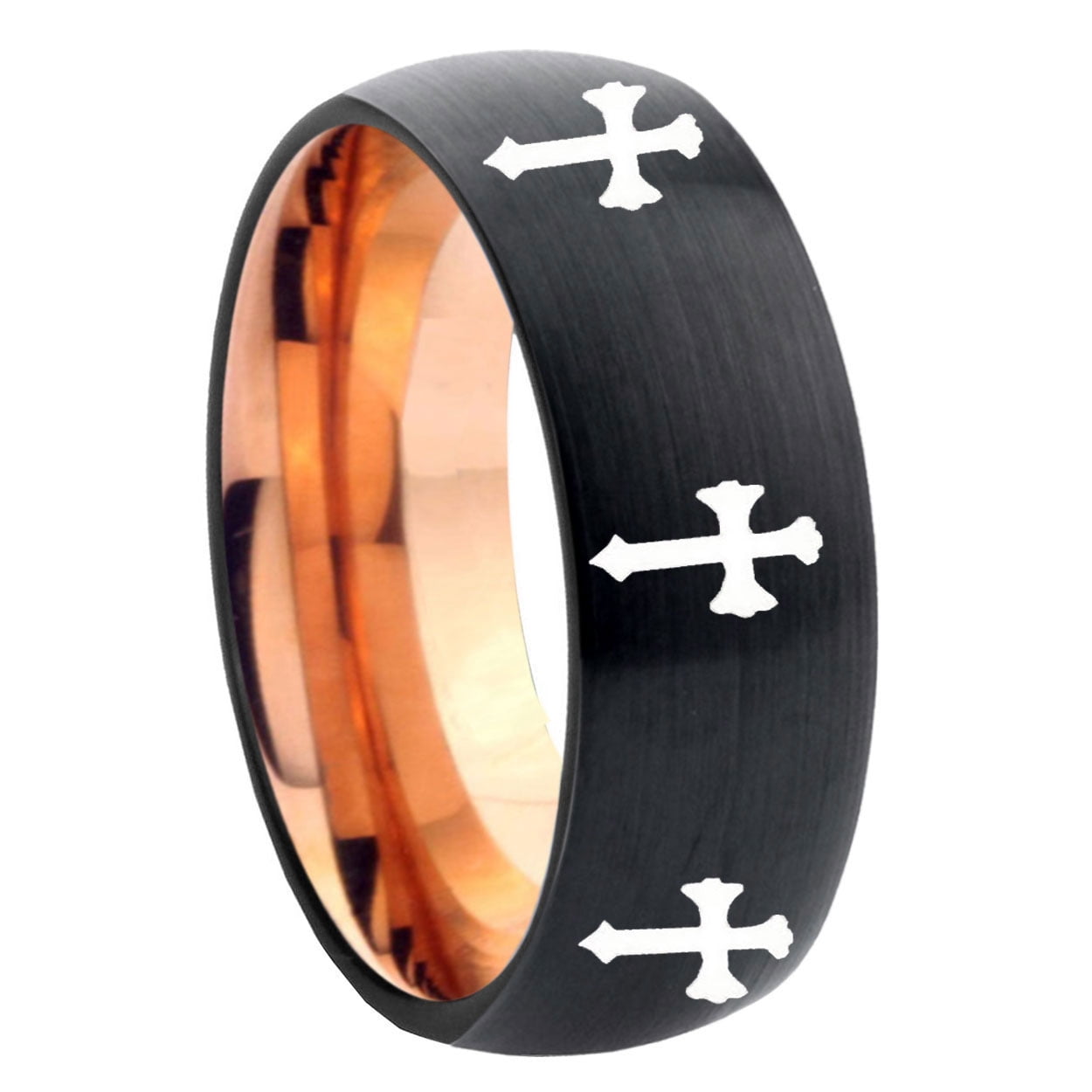 Multiple Christian Cross 8MM Dome Black And Rose Gold Tungsten Men Ring ...