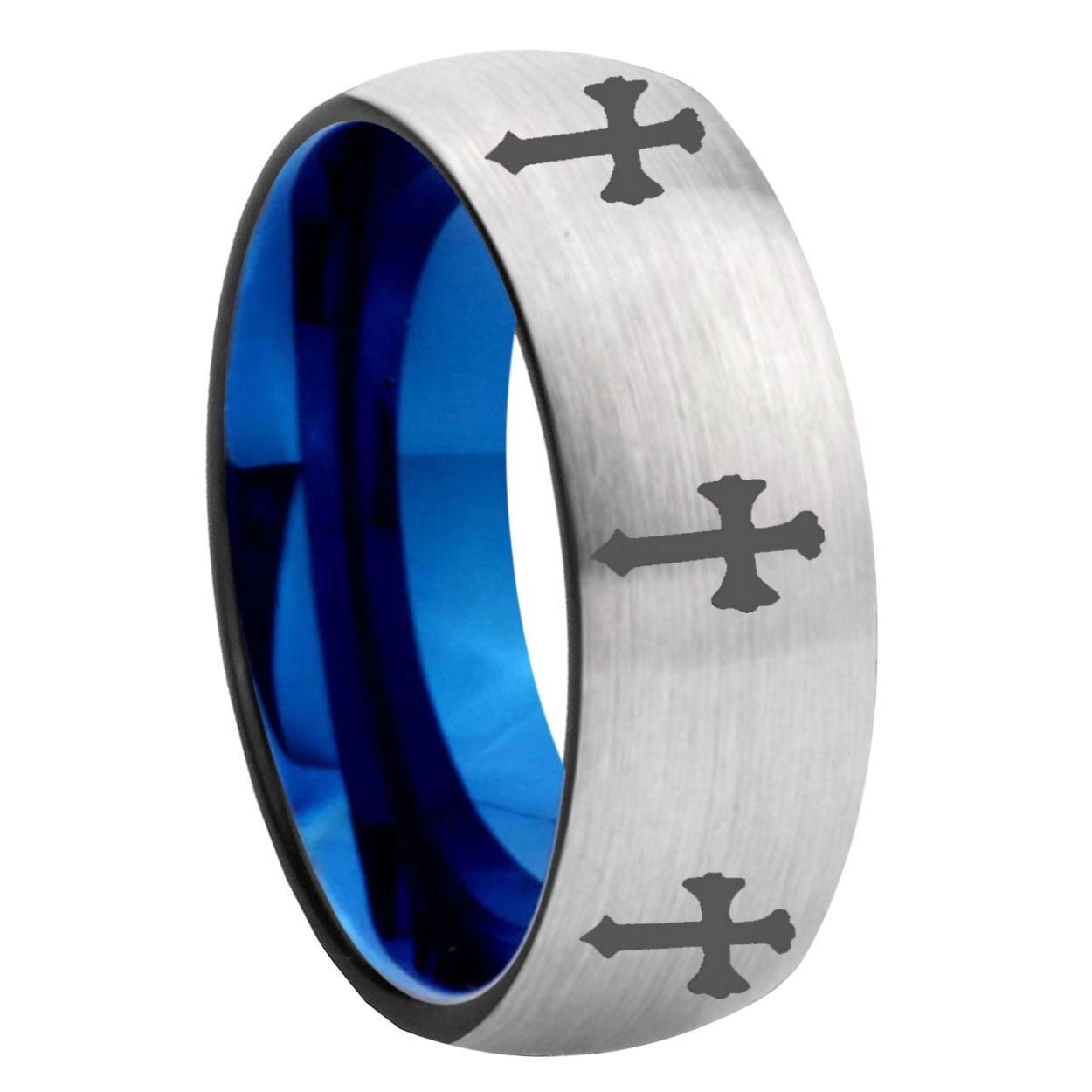 Multiple Christian Cross 8MM Dome Gray and Blue Tungsten Men Ring ...