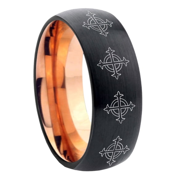 Multiple Cross Dome Black And Rose Gold Tungsten Wedding Ring 10MM ...