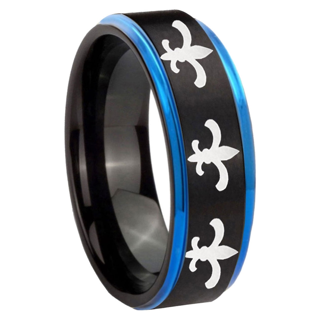 Multiple Fleur De Lis Step Edge Black And Blue Tungsten Ring 10MM ...