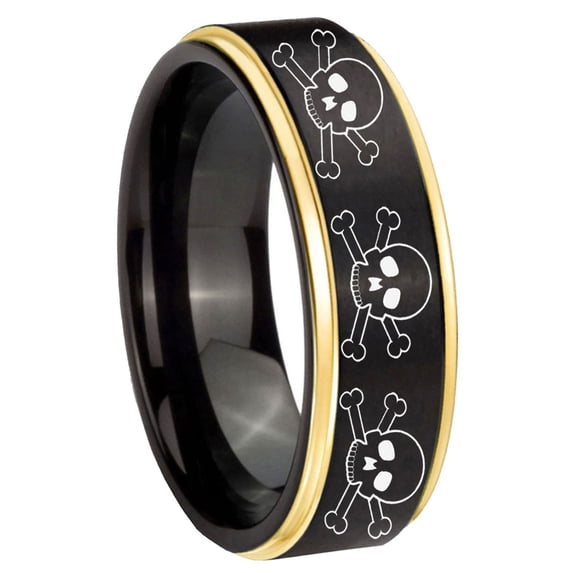 Multiple Skull Step Edge Black And Gold Tungsten Promised Ring 10MM ...