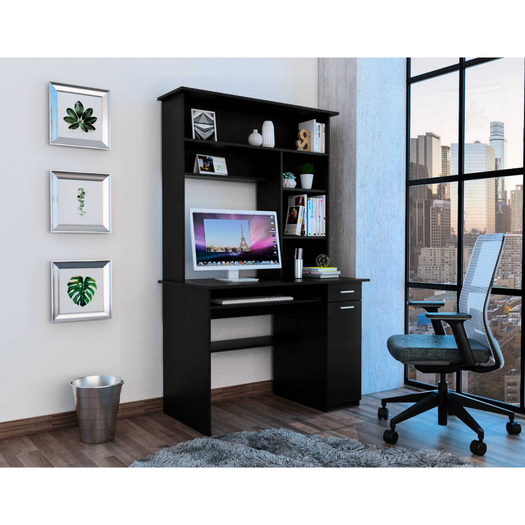 Multiple shelves & CPU panel / Practical black desk for computer work ...