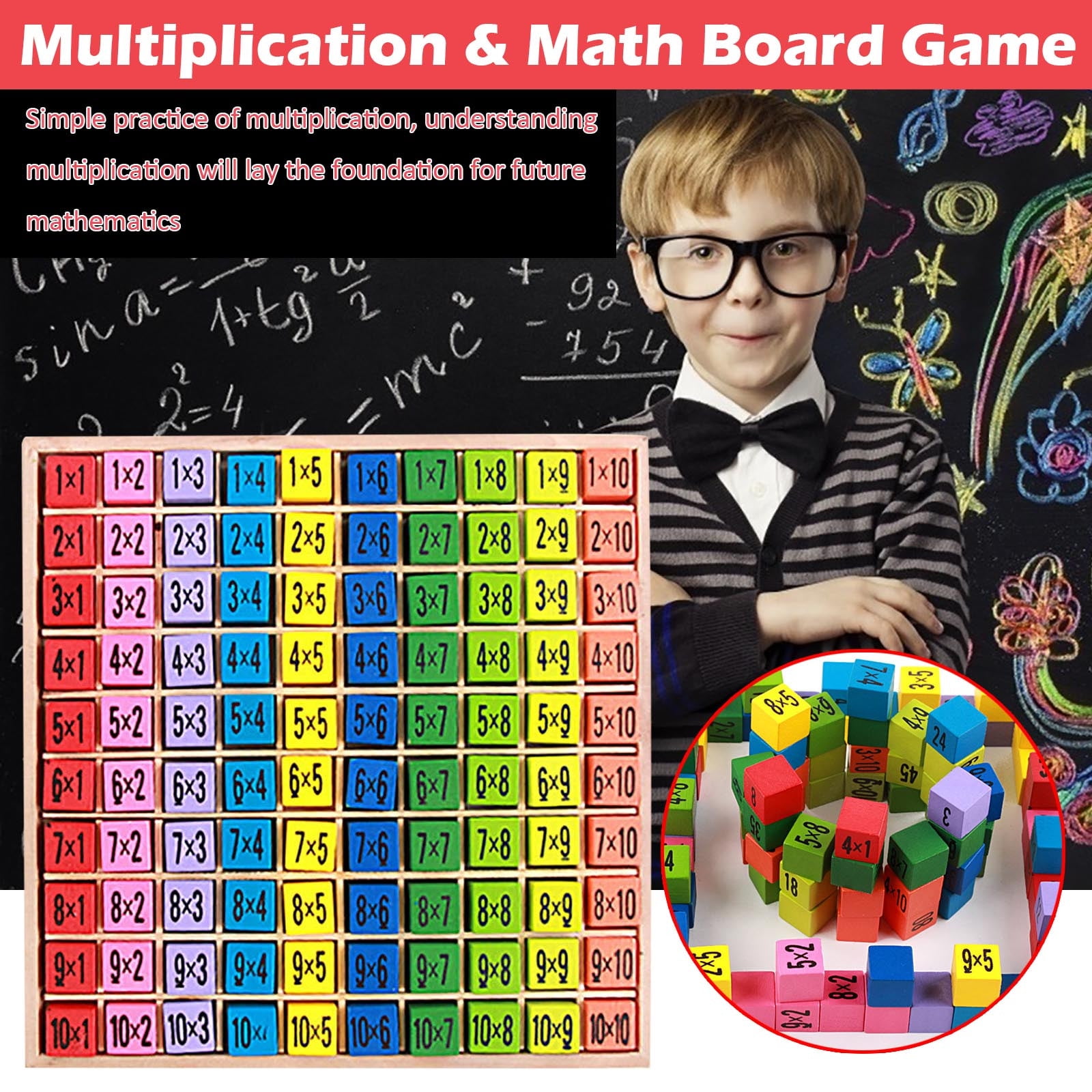Multiplication Practice Board - Wooden Math Fact Blocks w/ 100-Peg Grid ...