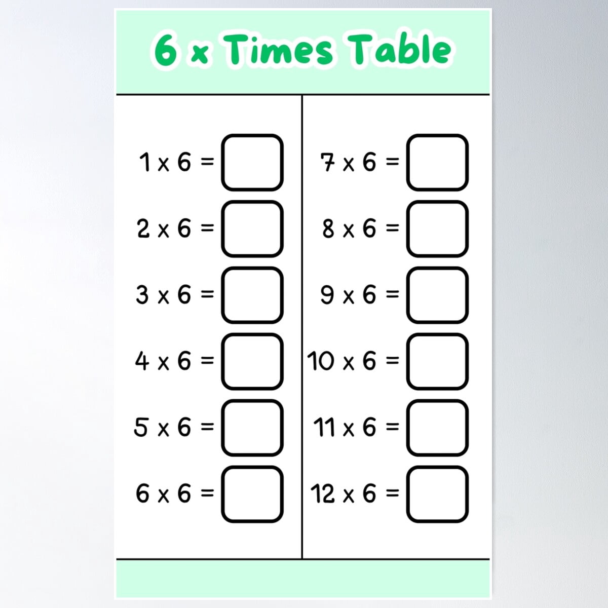 Multiplication Table Worksheet Of Number 6 Poster Wall Art, Modern Wall ...