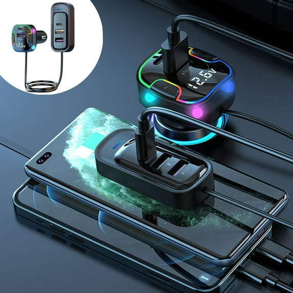 Multiport Car Charger, 5-USB Output, 120W Fast Charging, Digital Voltage Display, 1.5m Extended ...