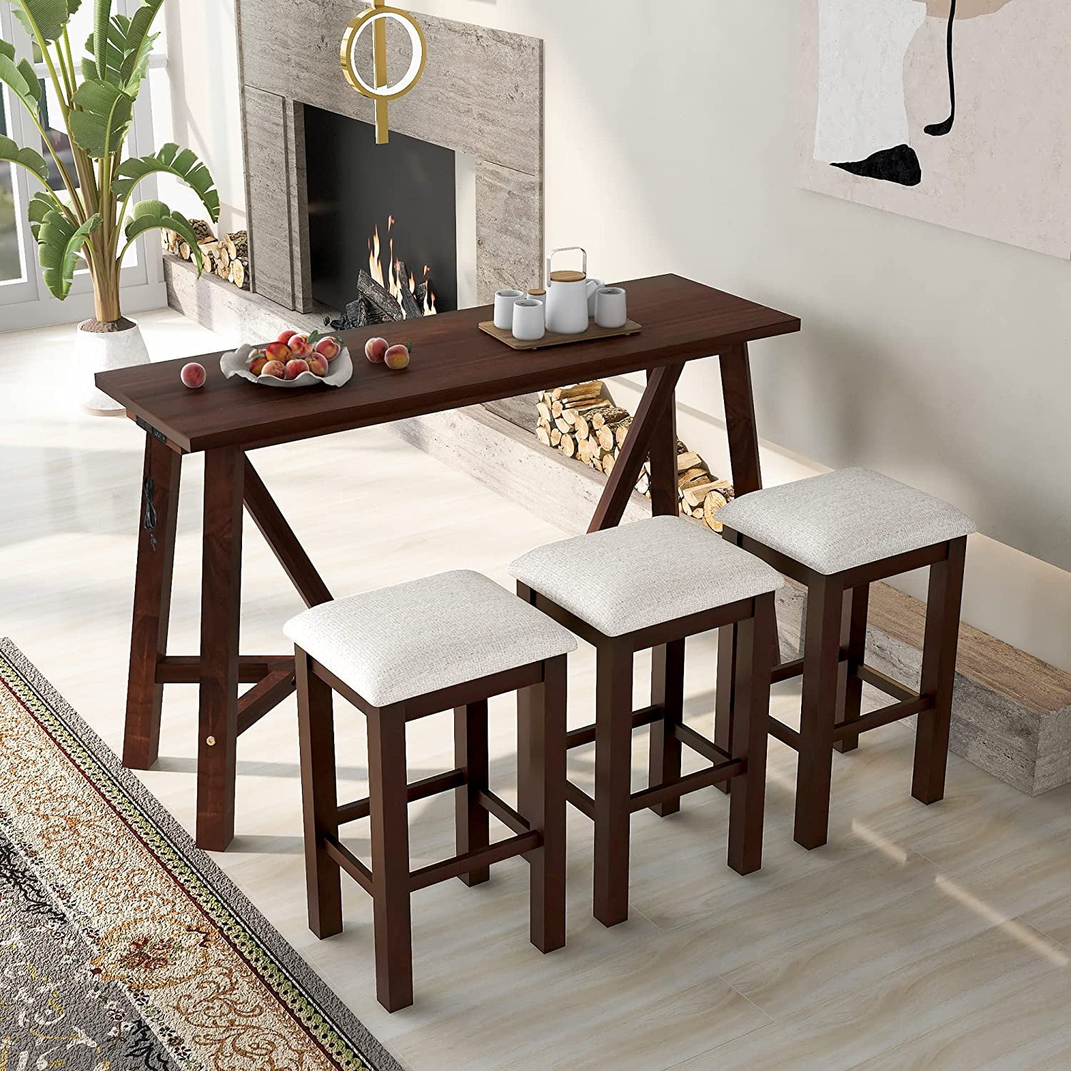 Multipurpose Bar Tables Set with 3 Upholstered Stools, Easy to Assemble ...