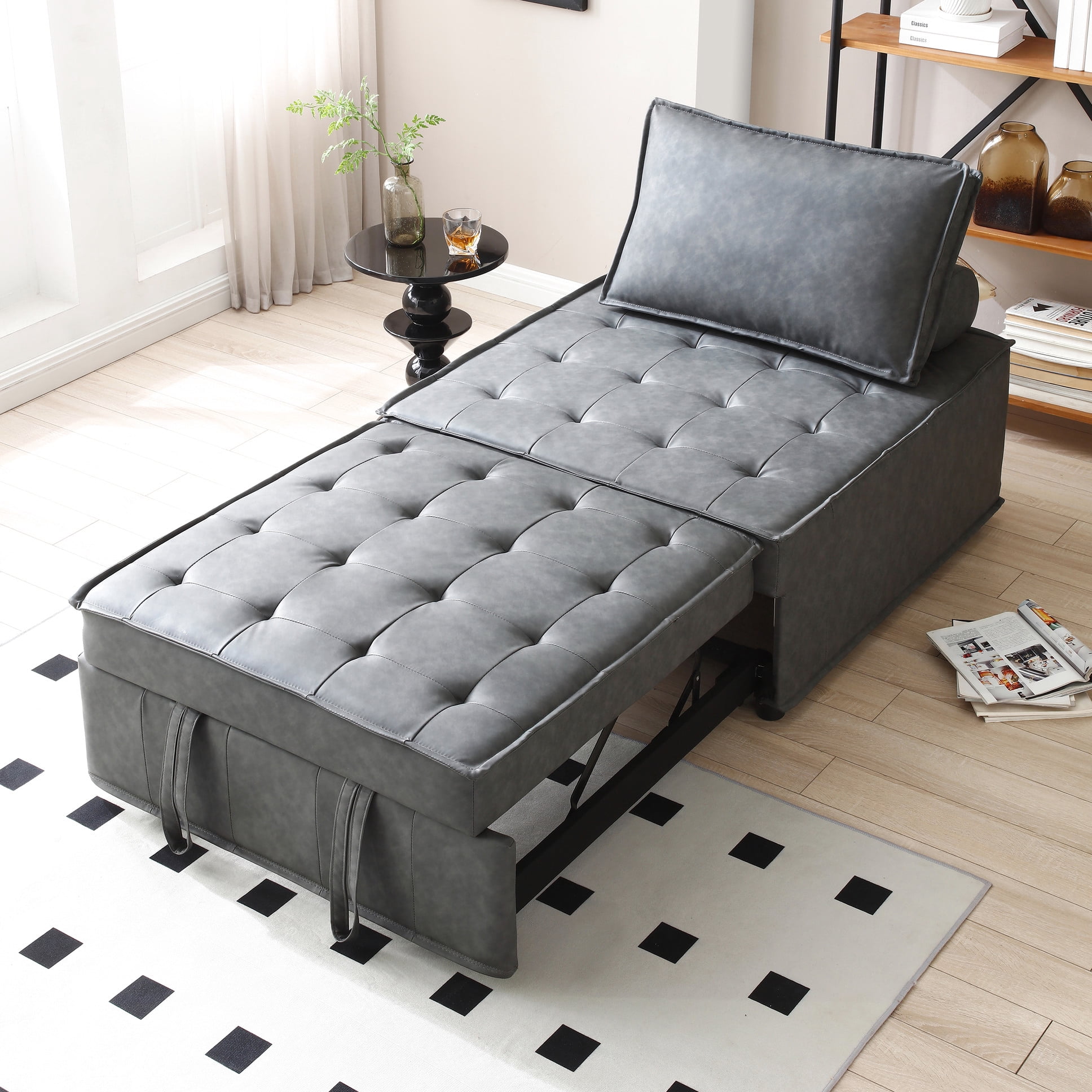 Multipurpose Bed Lazy Chair - Dark Grey. Faux Leather With Solid Wood ...