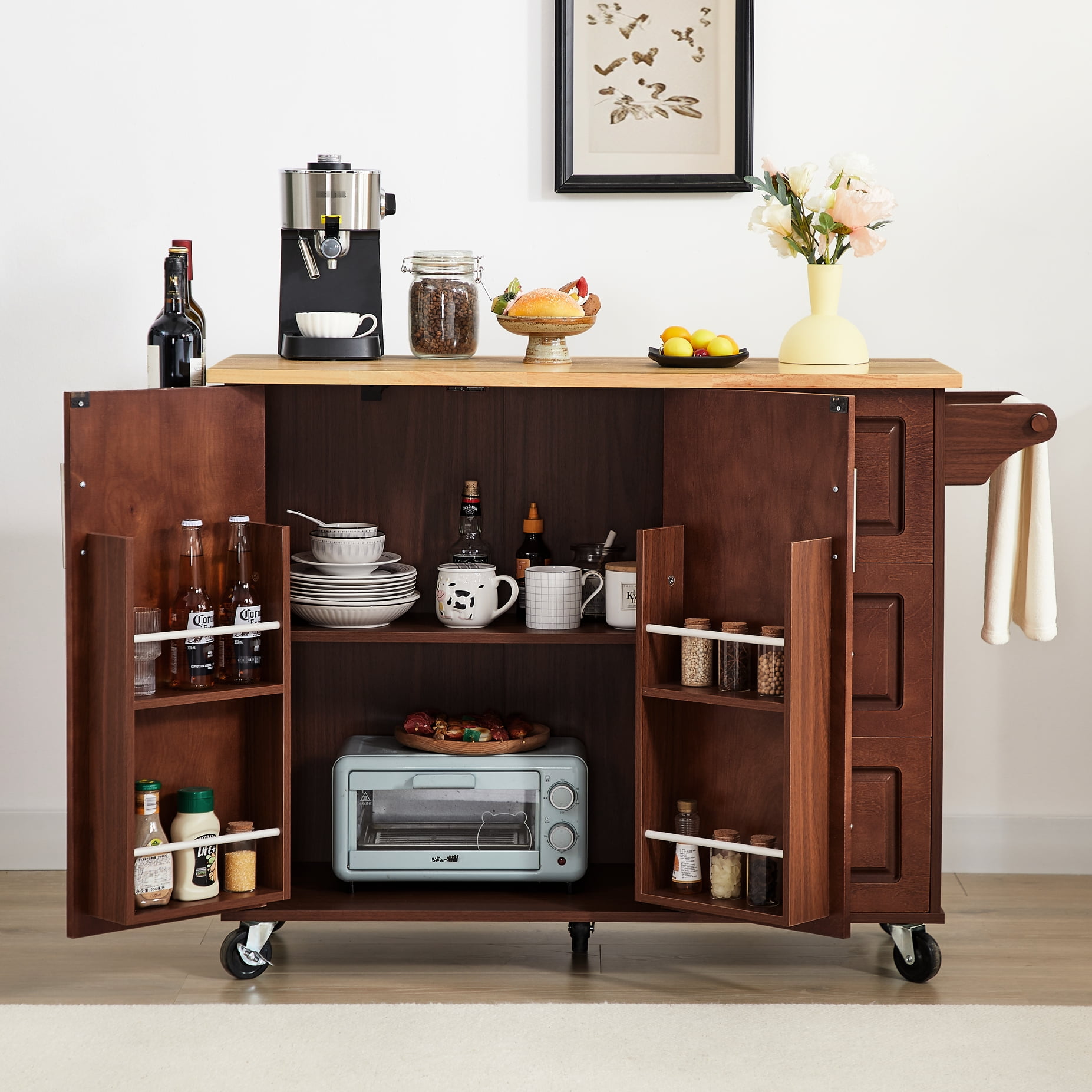 Multipurpose Kitchen Island Table With Rubber Wood Countertop, Space ...