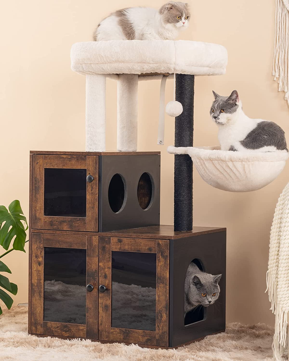 Multipurpose Litter Box Enclosure with Cat Tree, Acrylic Doors and ...