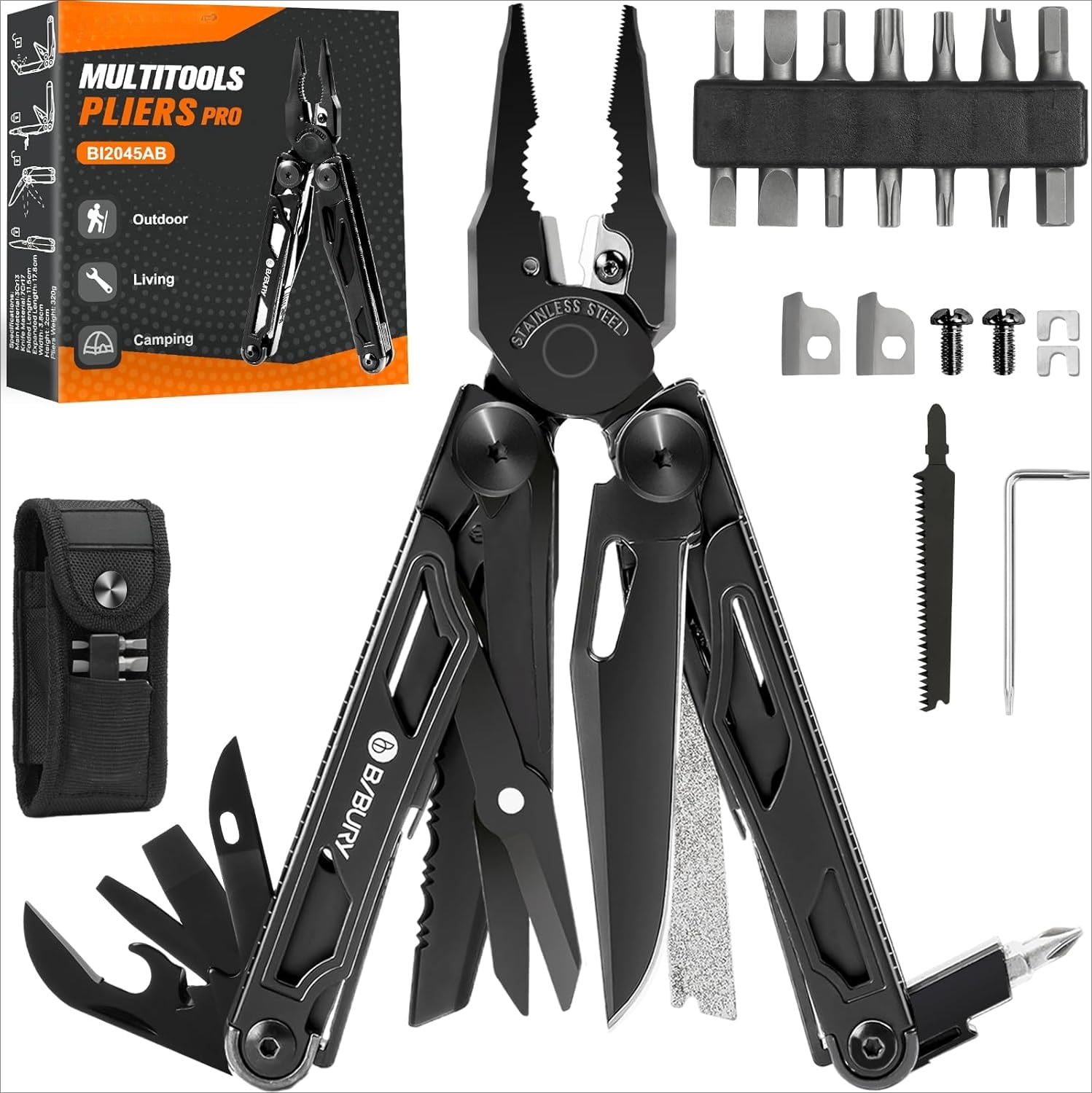 Multitool Pliers Pro BI2045AB, Stainless Steel Foldable Multi Tool with Upgraded Scissors and ...