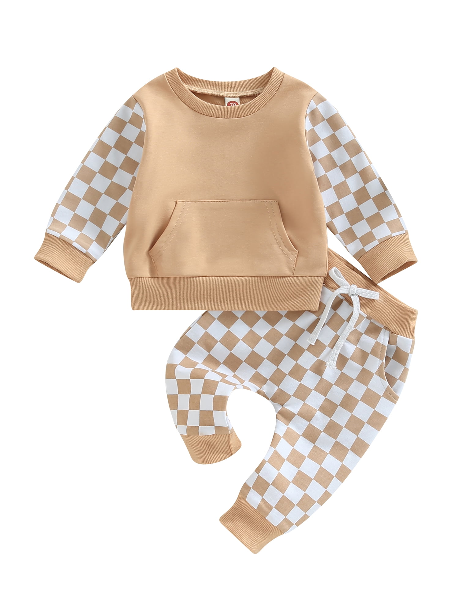 Multitrust Kid Boy Girl Shirt Pants Suit Long Sleeve Round Neck Checkerboard Tops Drawstring ...
