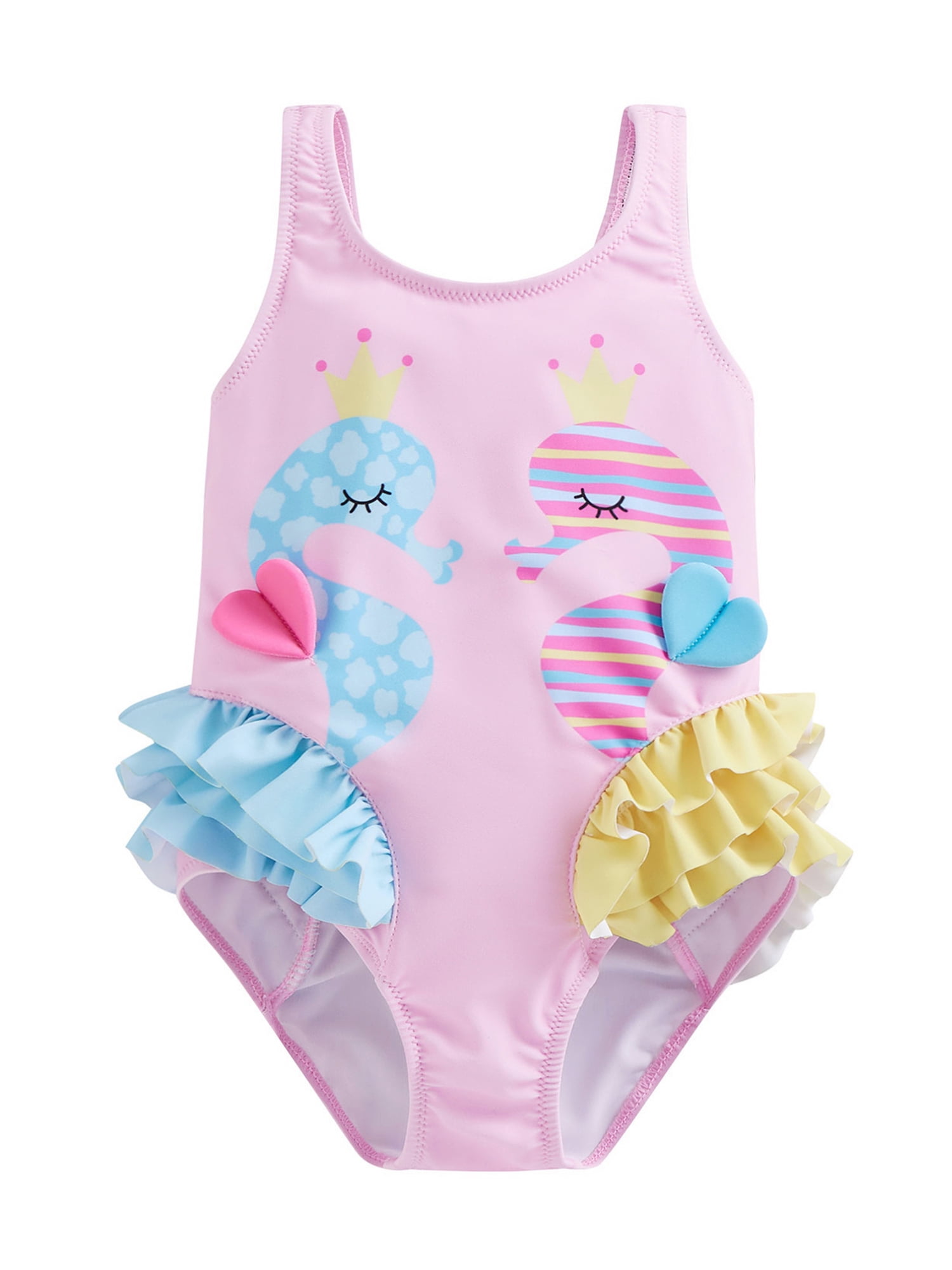 Multitrust Kids Girl Swimsuits Cartoon Seahorse Print Sleeveless Backless Ruffles Swimwear ...
