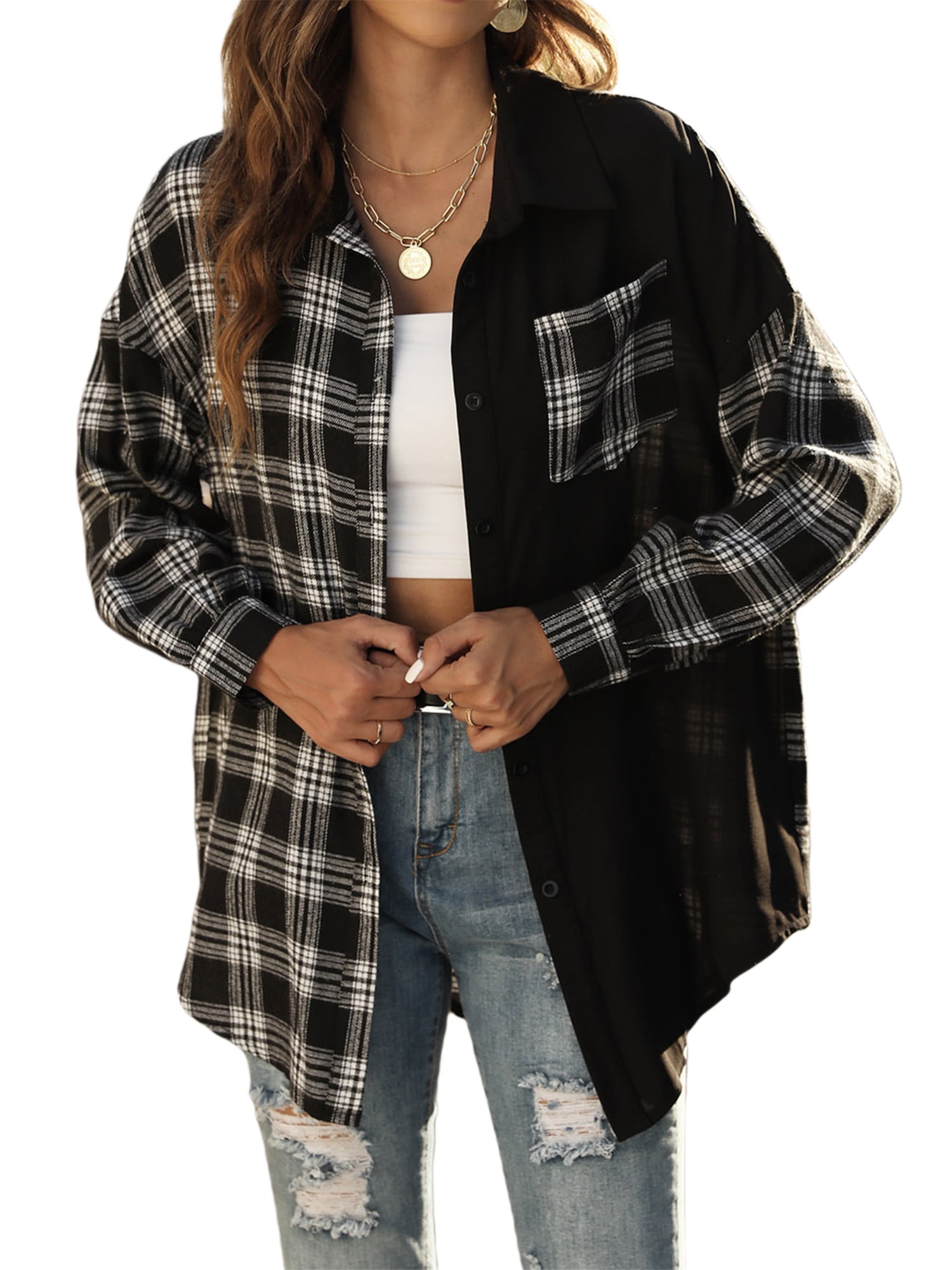 Multitrust Long Sleeve Plaid Shirts for Women Fall Casual Lapel Button Down Shacket Tops Outwear ...