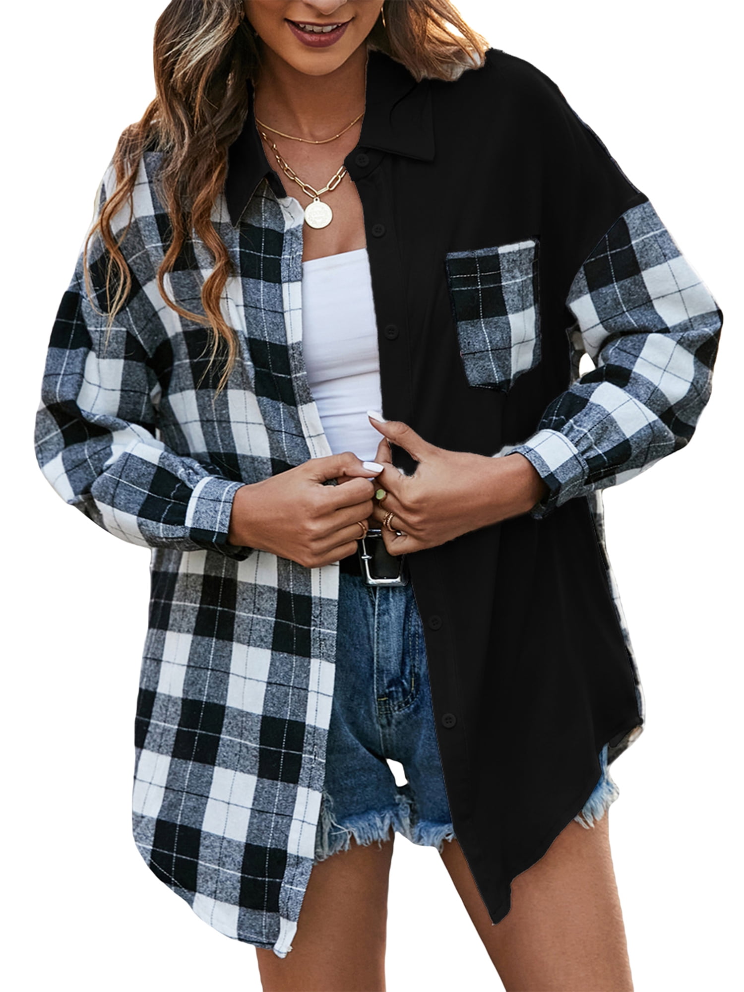 Multitrust Long Sleeve Plaid Shirts for Women Fall Casual Lapel Button Down Shacket Tops Outwear ...