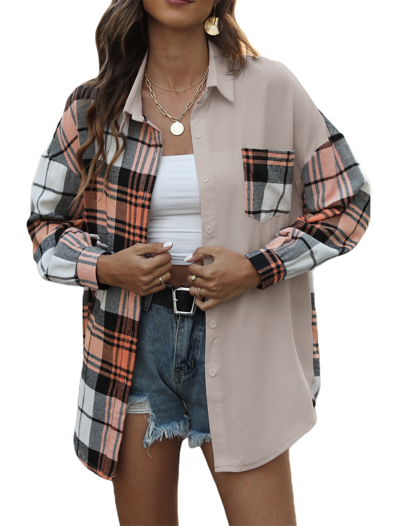 Multitrust Long Sleeve Plaid Shirts for Women Fall Casual Lapel Button Down Shacket Tops Outwear ...