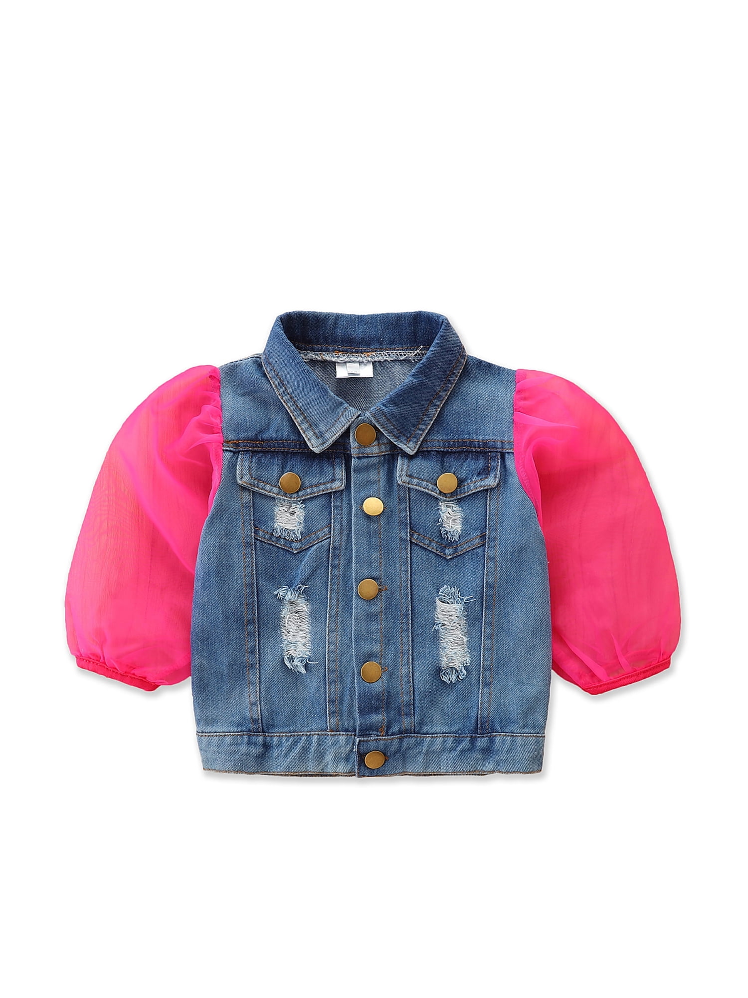 Multitrust Ripped Denim Jacket Color Block Mesh Lantern Sleeve Lapel ...