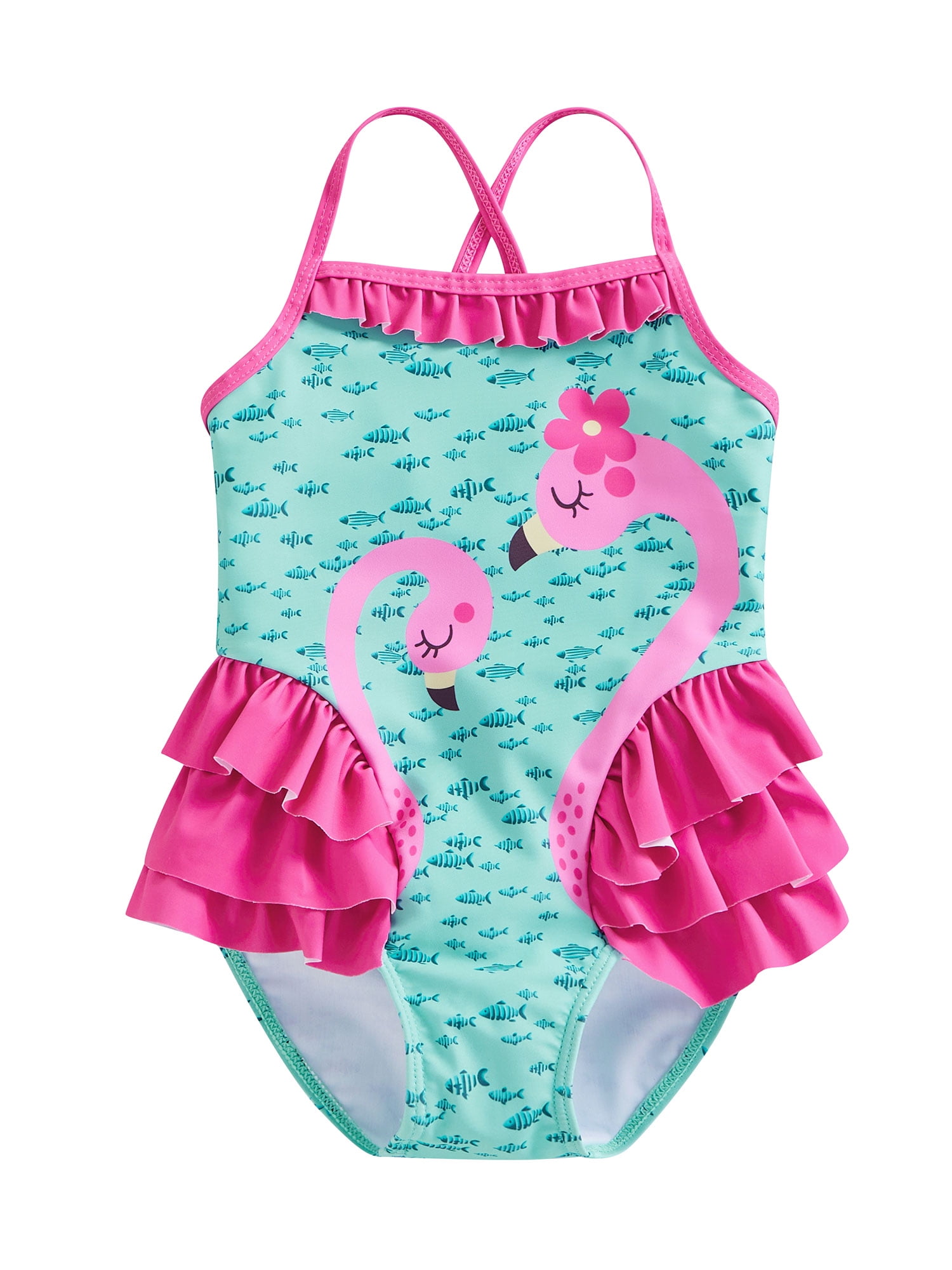 Multitrust Toddler Girl's Summer Jumpsuit Bikini, Flamingo Little Fish Print Sleeveless Ruffle ...