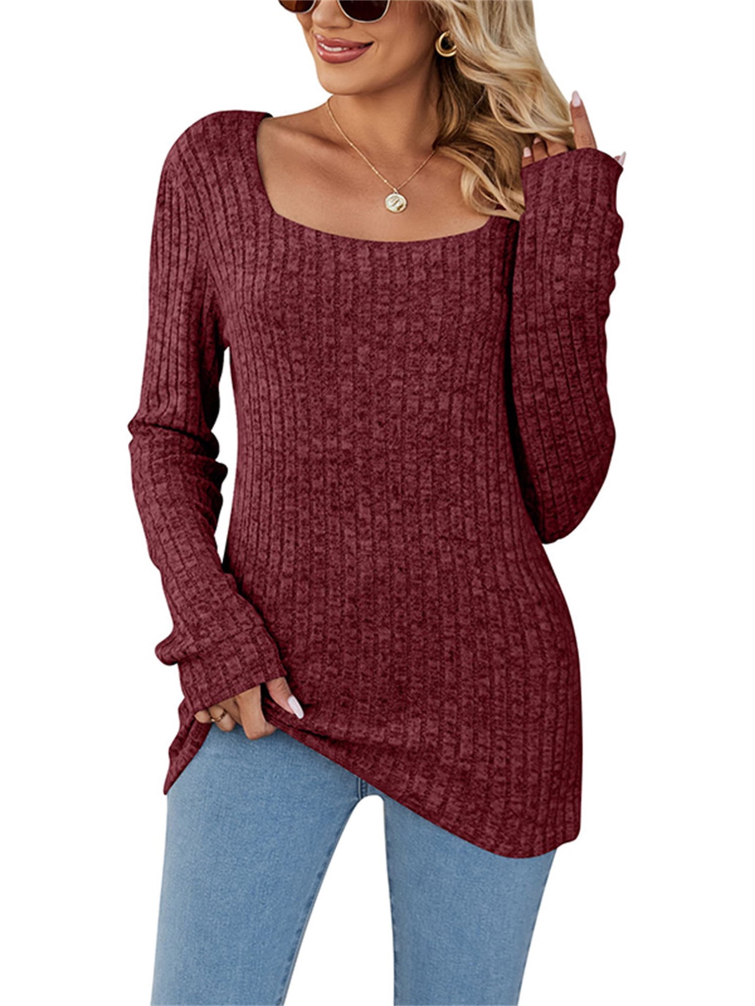 Multitrust Women Fashion Wild T-Shirts Solid Color Ribbed Square Neck ...