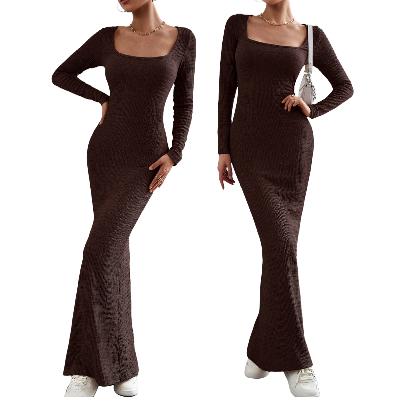 Multitrust Women Knit Long Dress Long Sleeve Square Neck Solid Slim