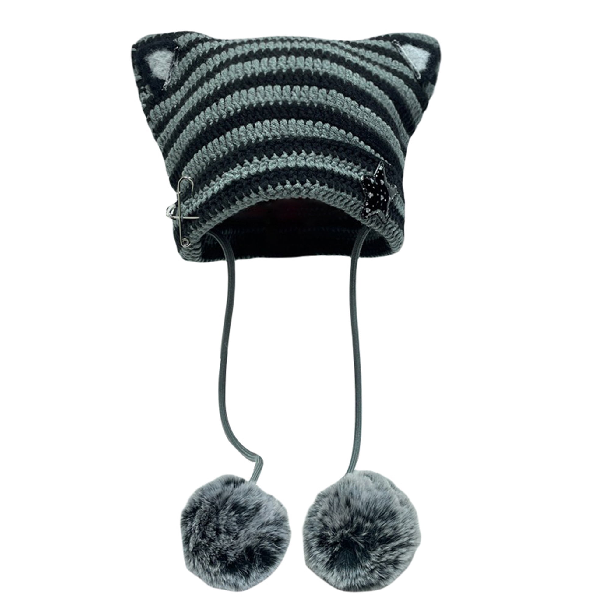 Multitrust Women Knitted Crochet Warm Hat, Cute Stars Decor Stripe Cat Ear Bobbles Devil Hat ...