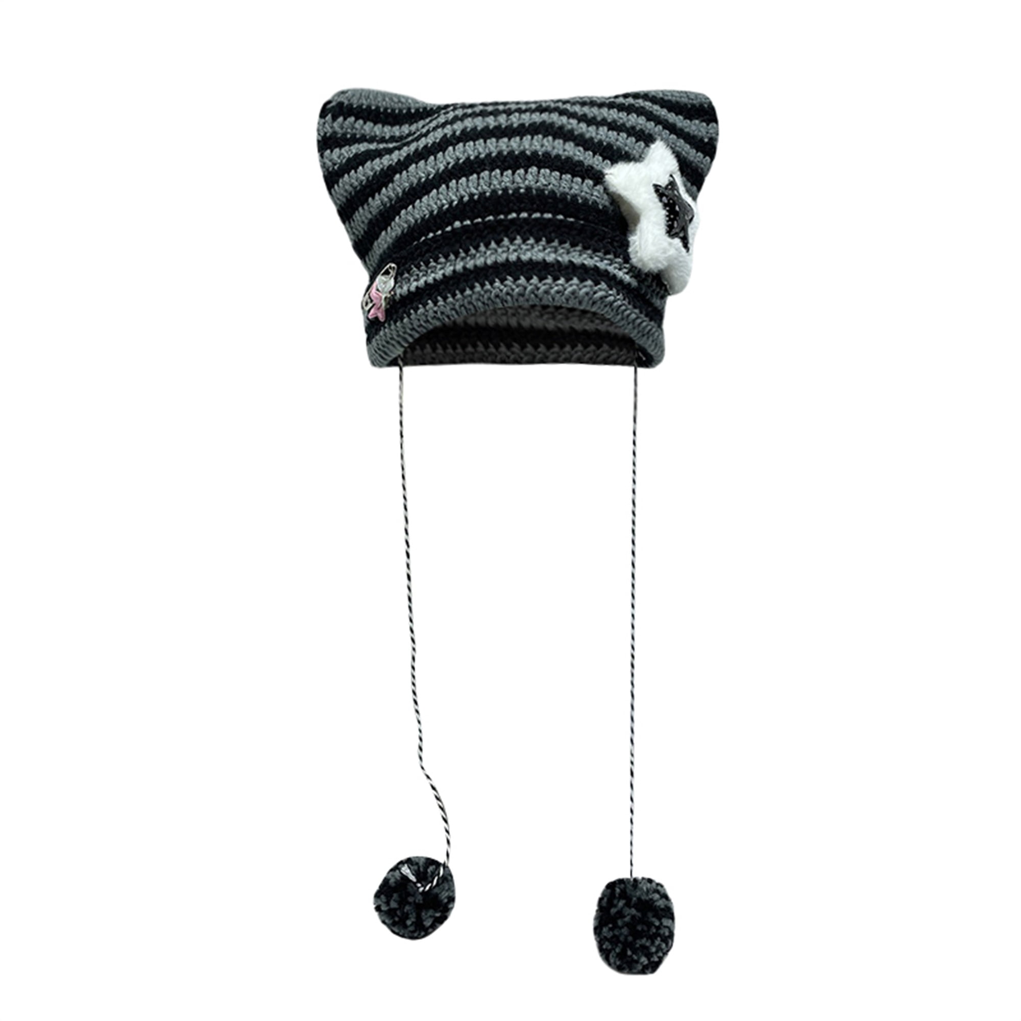 Multitrust Women Knitted Crochet Warm Hat, Cute Stars Decor Stripe Cat Ear Bobbles Devil Hat ...