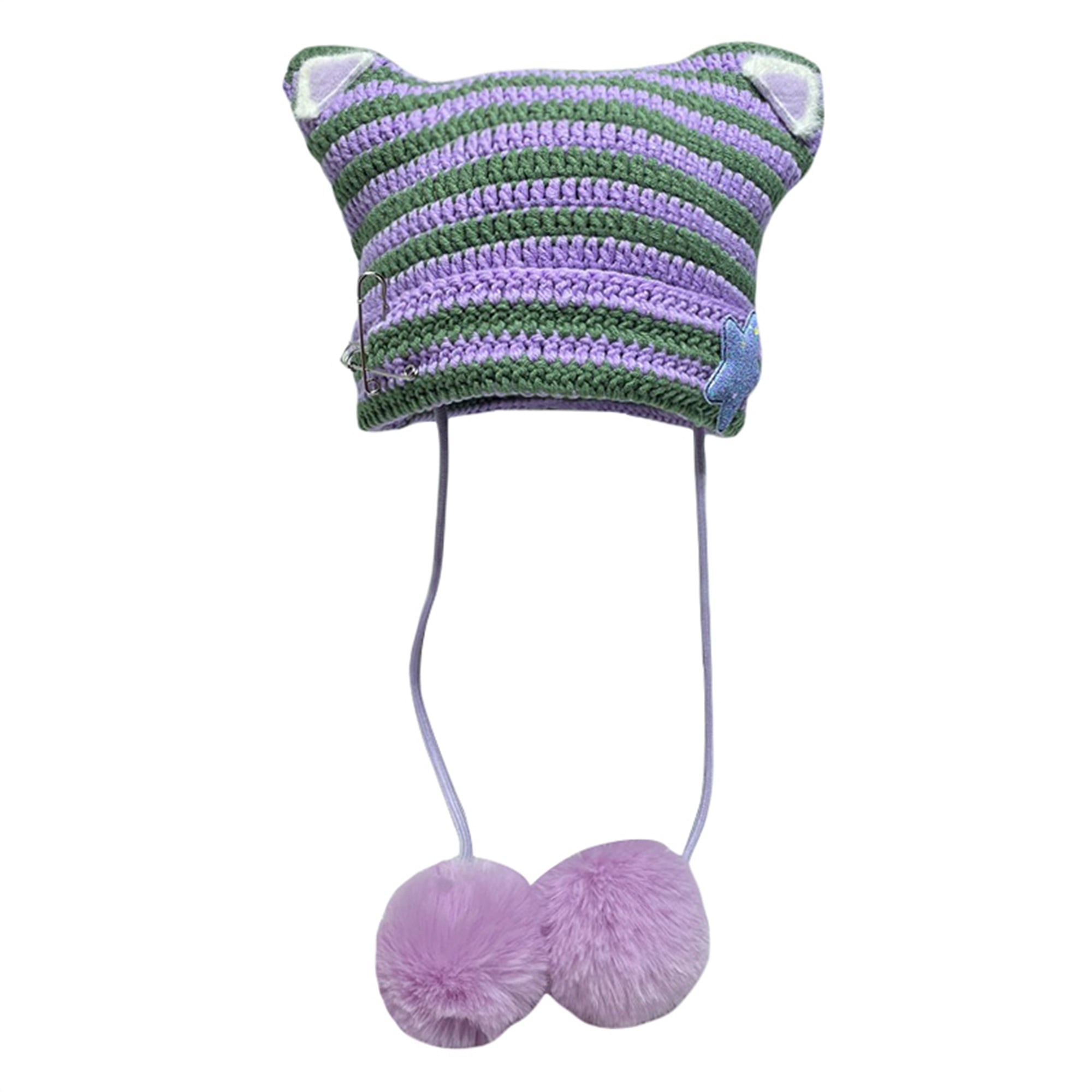 Multitrust Women Knitted Crochet Warm Hat, Cute Stars Decor Stripe Cat Ear Bobbles Devil Hat ...