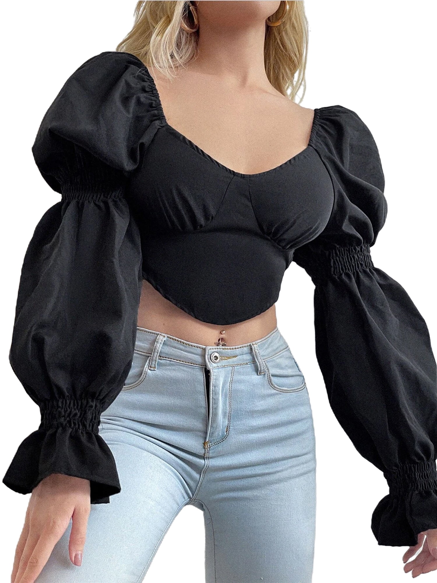 Multitrust Women's Solid Color Crop Tops, Elegant Long Puff Sleeve ...