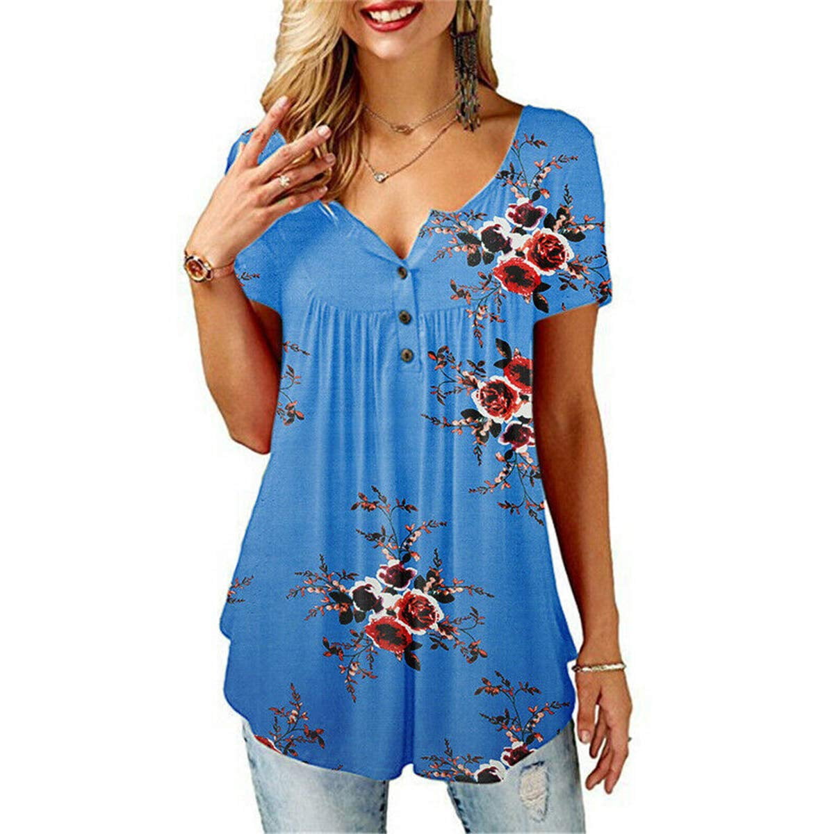 Multitrust womens summer loose V-neck short-sleeve chest button top ...
