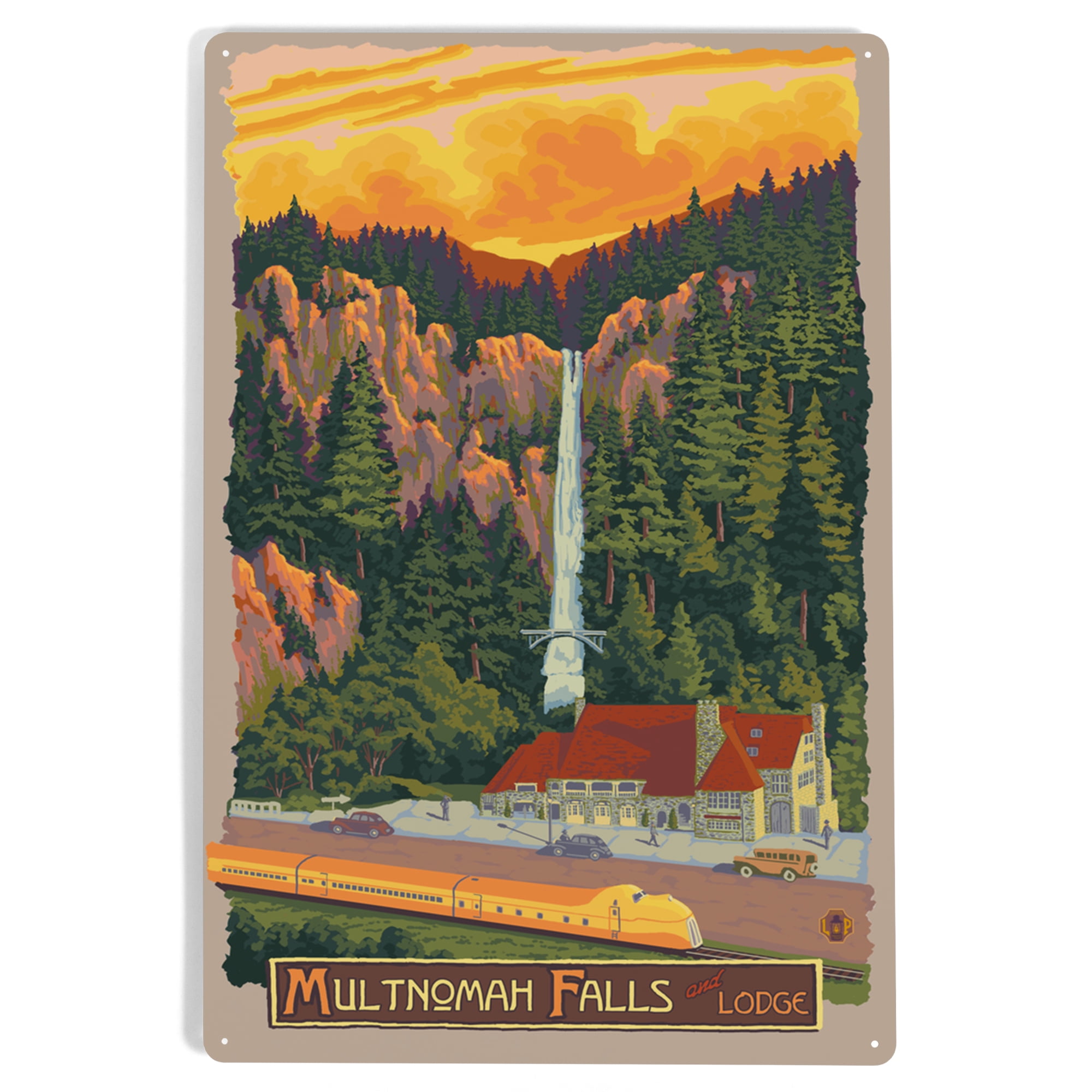 Multnomah Falls, Oregon, Sunset Scene with Train (12x18 Aluminum Art ...