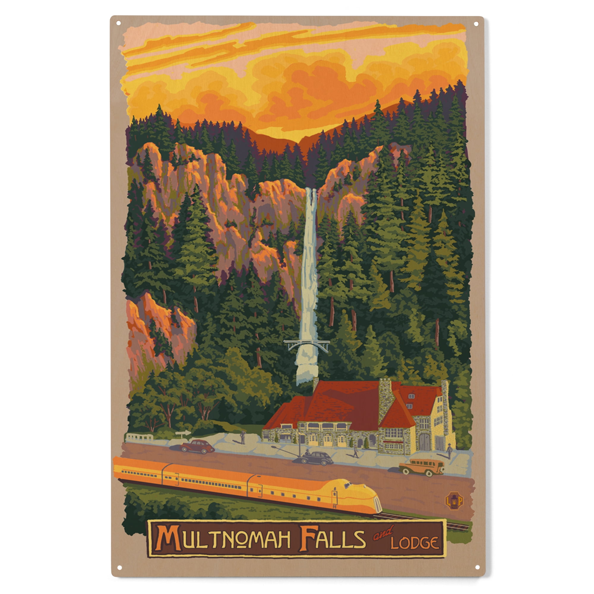 Multnomah Falls, Oregon, Sunset Scene with Train Birch Wood Wall Sign ...