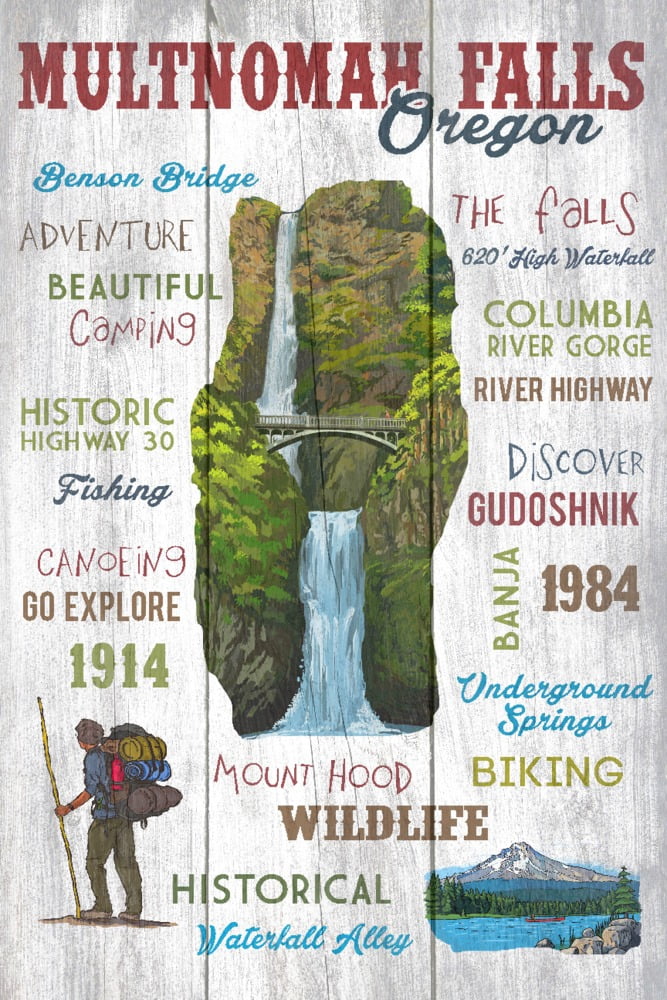 Multnomah Falls, Oregon, Typography and Icons (12x18 Wall Art Poster ...