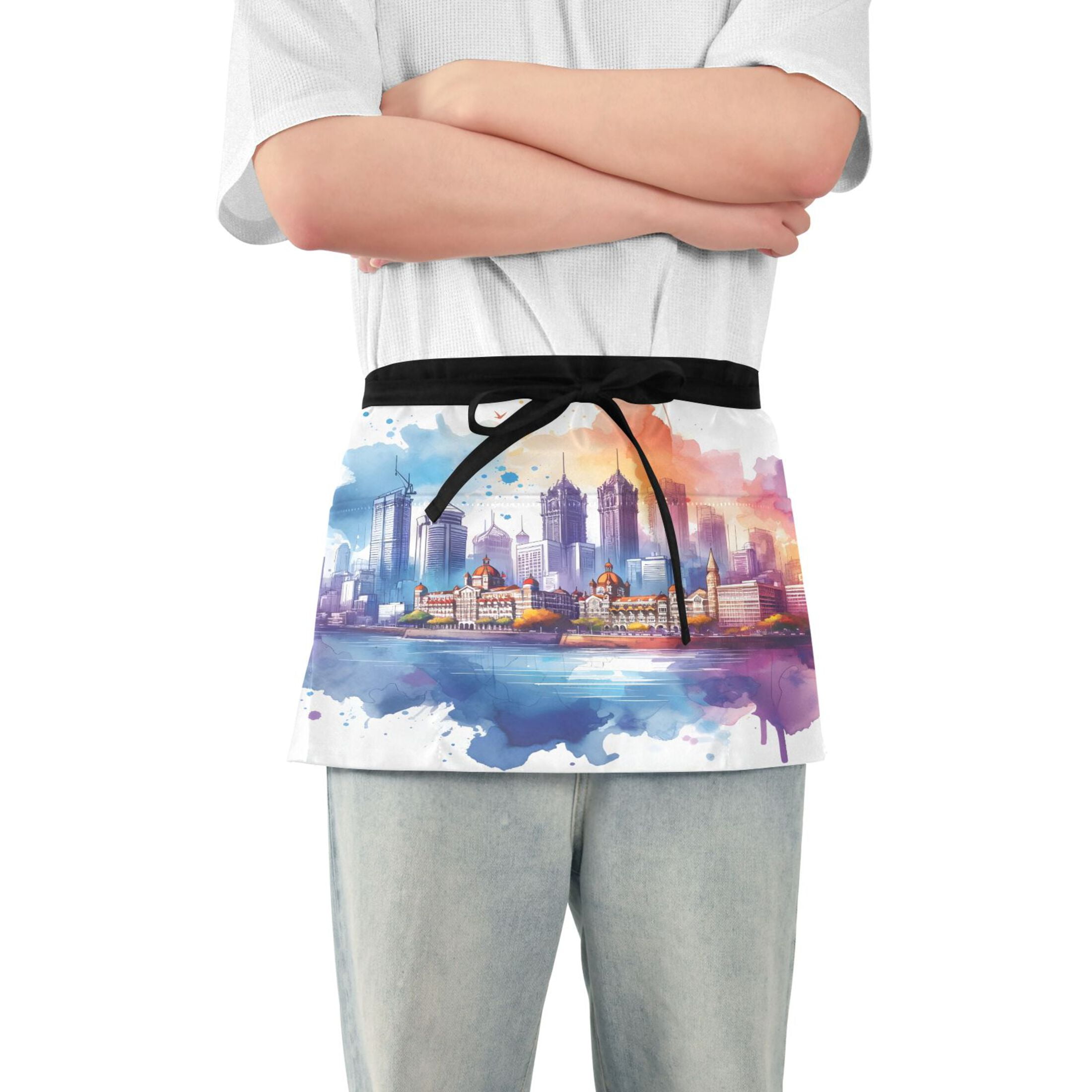 Mumbai City Skyline Server Apron with 3 Pockets Waterproof Waitress Waist Short Apron for Man ...