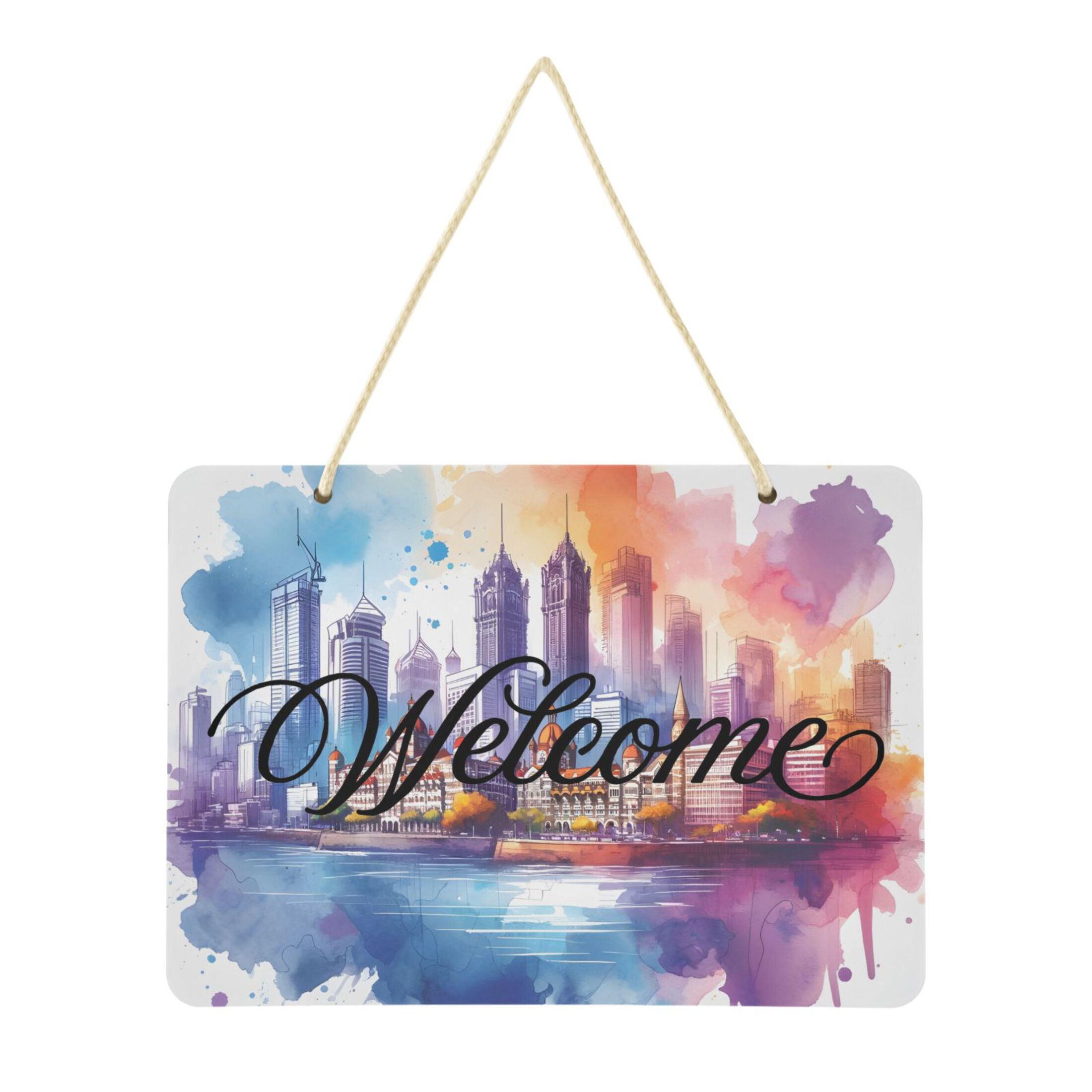 Mumbai City Skyline Welcome Sign Front Door PVC 14x10 inch Hanger Hello ...