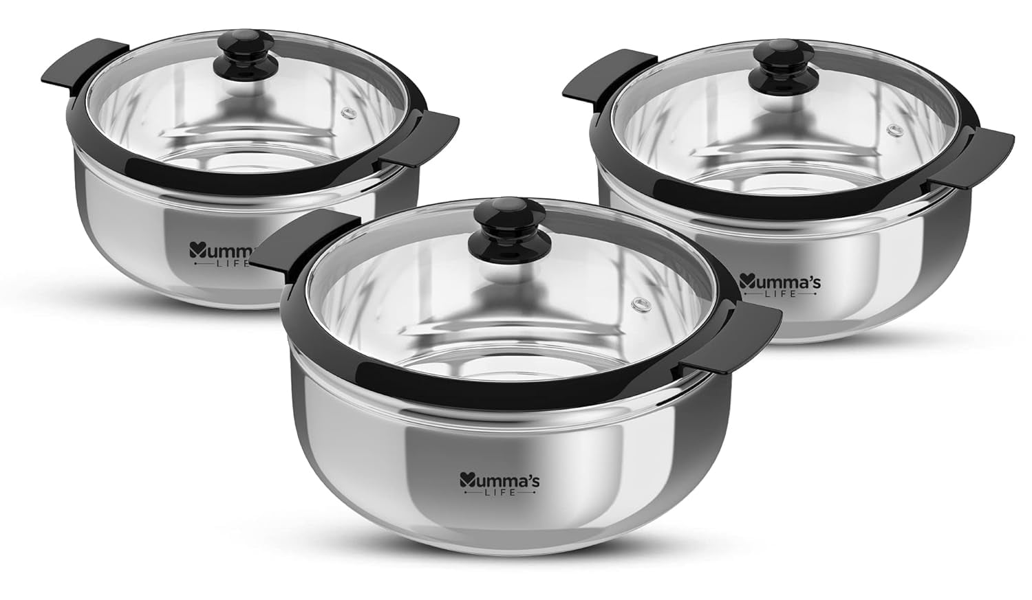 Mumma's LIFE Stainless Steel Thermoware Glass Lid Casserole Hot Pot Roti Box with Lid Set of 3 ...
