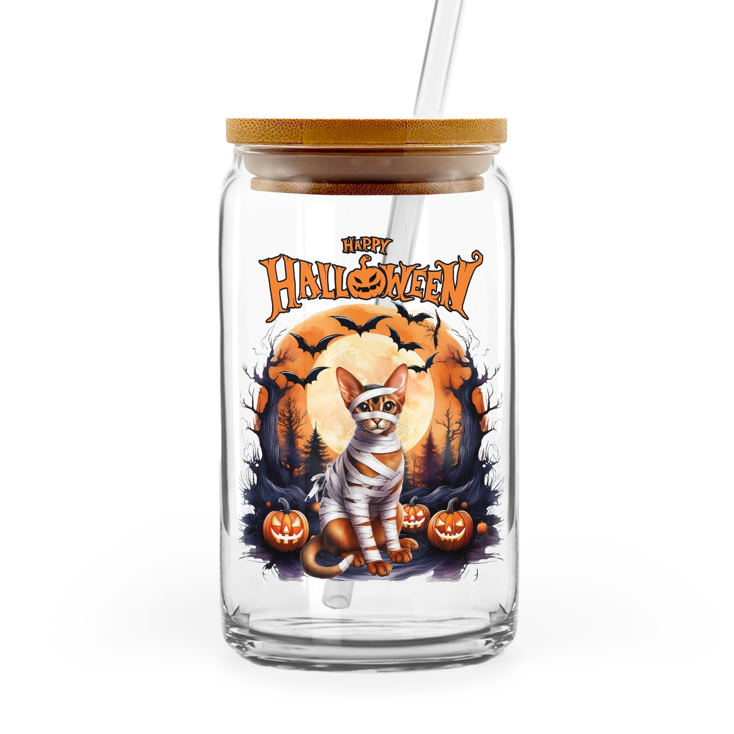 Mummy Abyssinian Happy Halloween with Pumpkins Bats Spooky Fun 16oz Glass Cup Mug Cat Lover ...