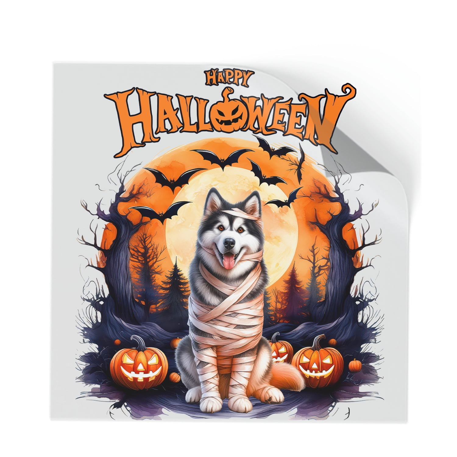 Mummy Alaskan Malamute Happy Halloween with Pumpkins Bats Spooky Fun ...