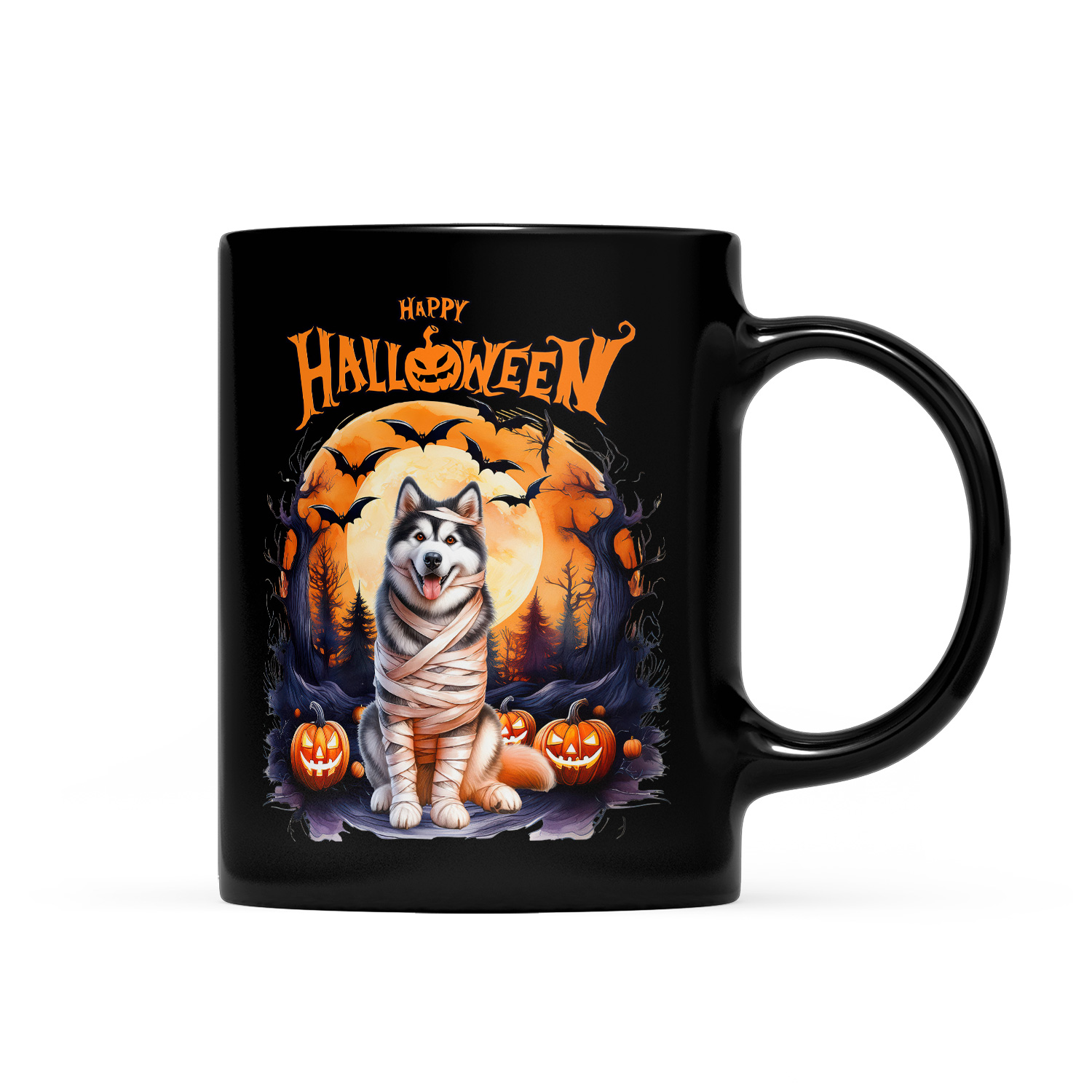 Mummy Alaskan Malamute Happy Halloween with Pumpkins Bats Spooky Fun ...