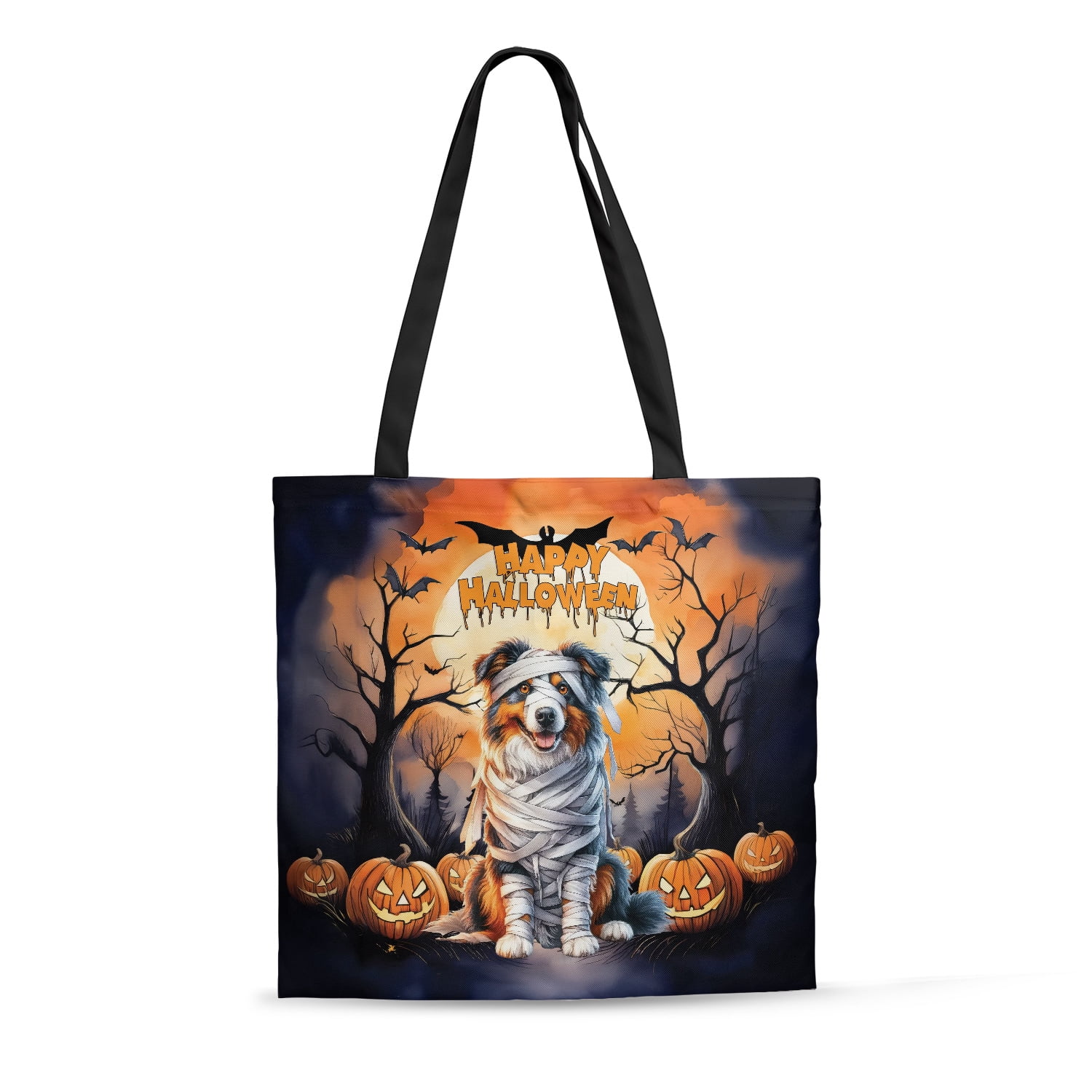 Mummy Australian Shepherd Happy Halloween with Pumpkins Bats Spooky Fun ...
