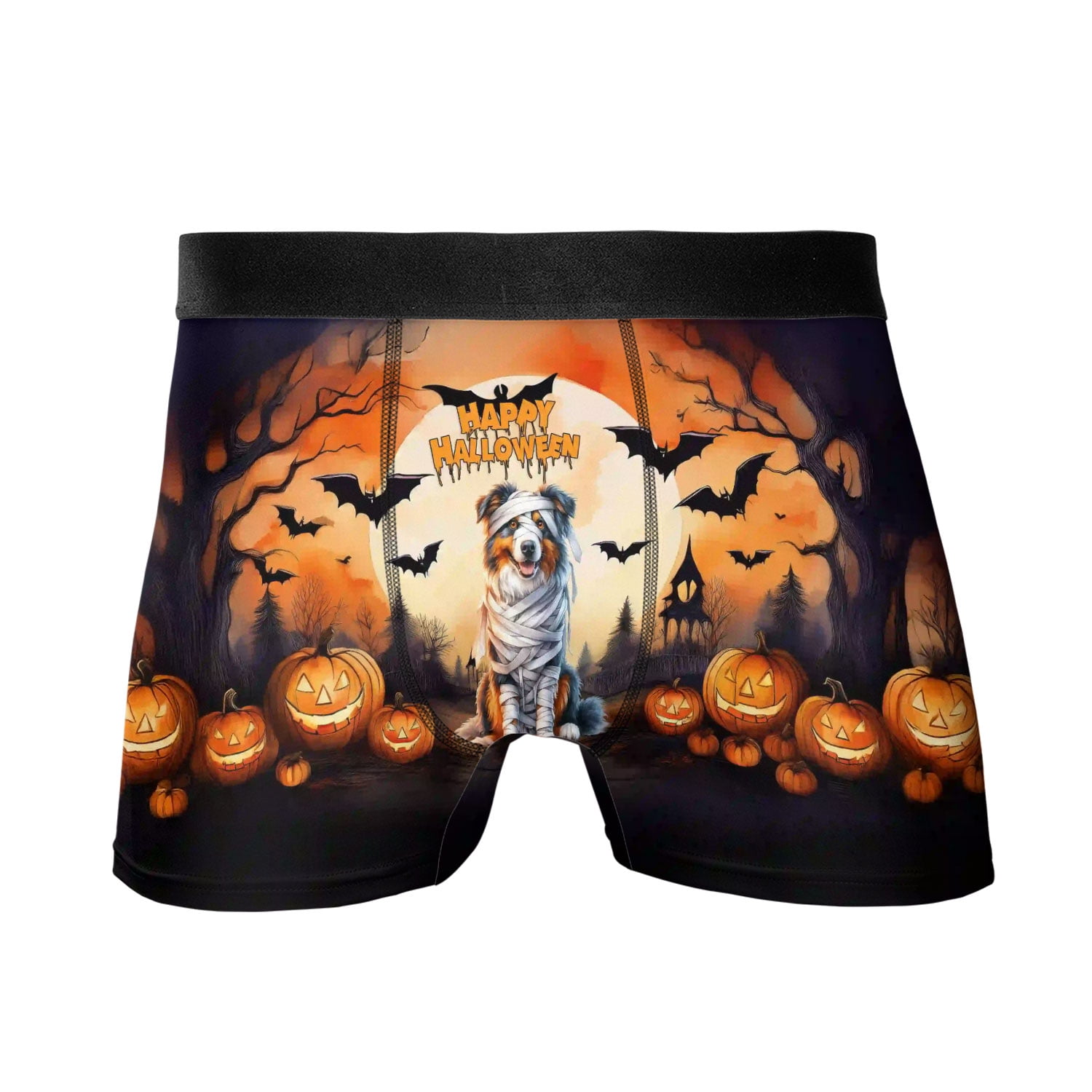 Mummy Australian Shepherd Happy Halloween with Pumpkins Bats Spooky Fun ...