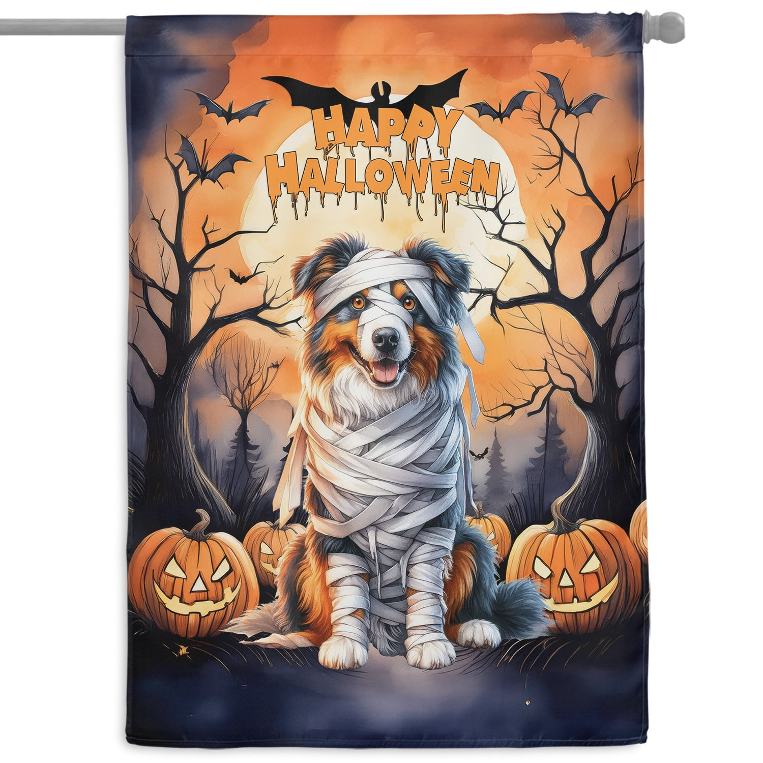 Mummy Australian Shepherd Happy Halloween with Pumpkins Bats Spooky Fun ...