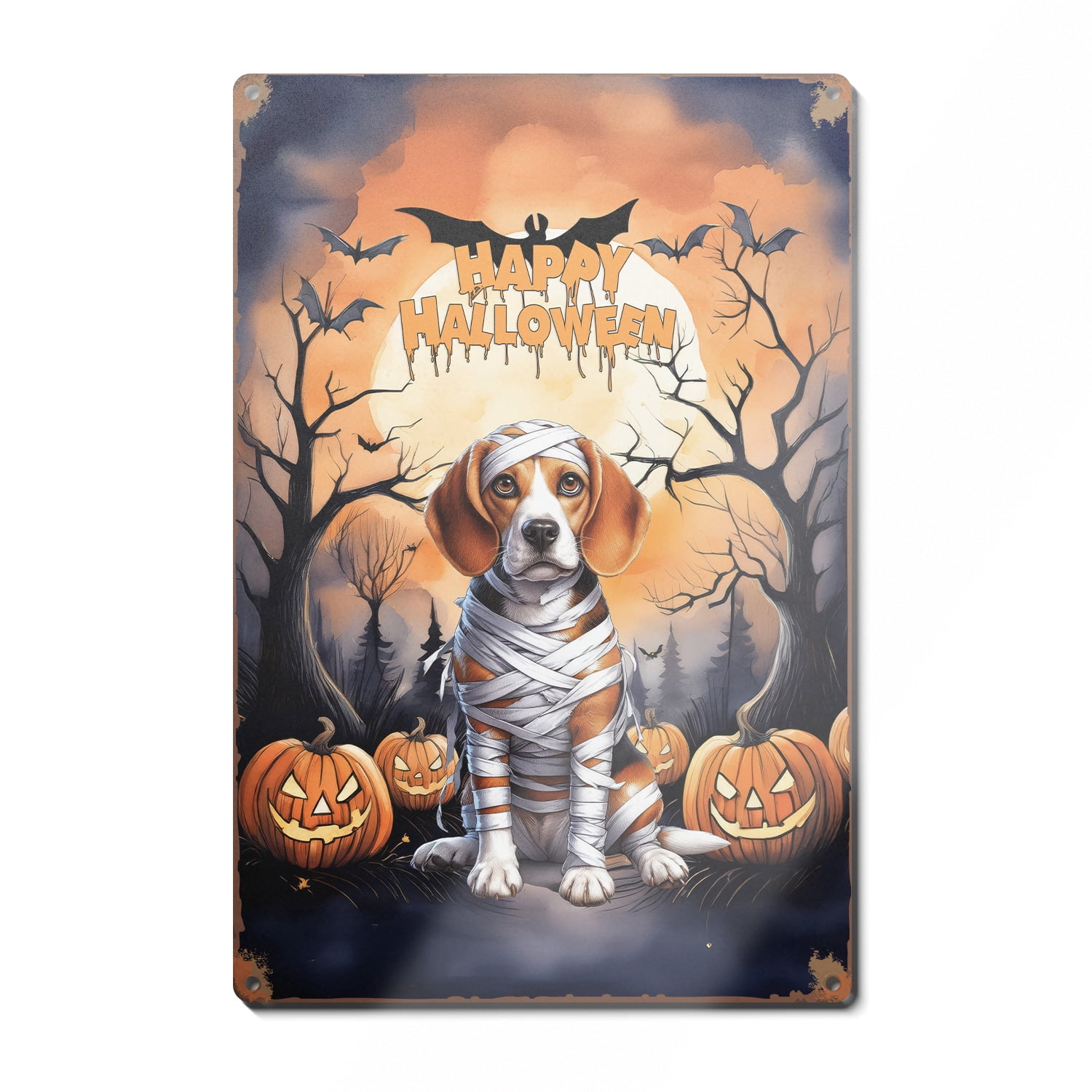 Mummy Beagle Happy Halloween with Pumpkins Bats Spooky Fun Vertical ...
