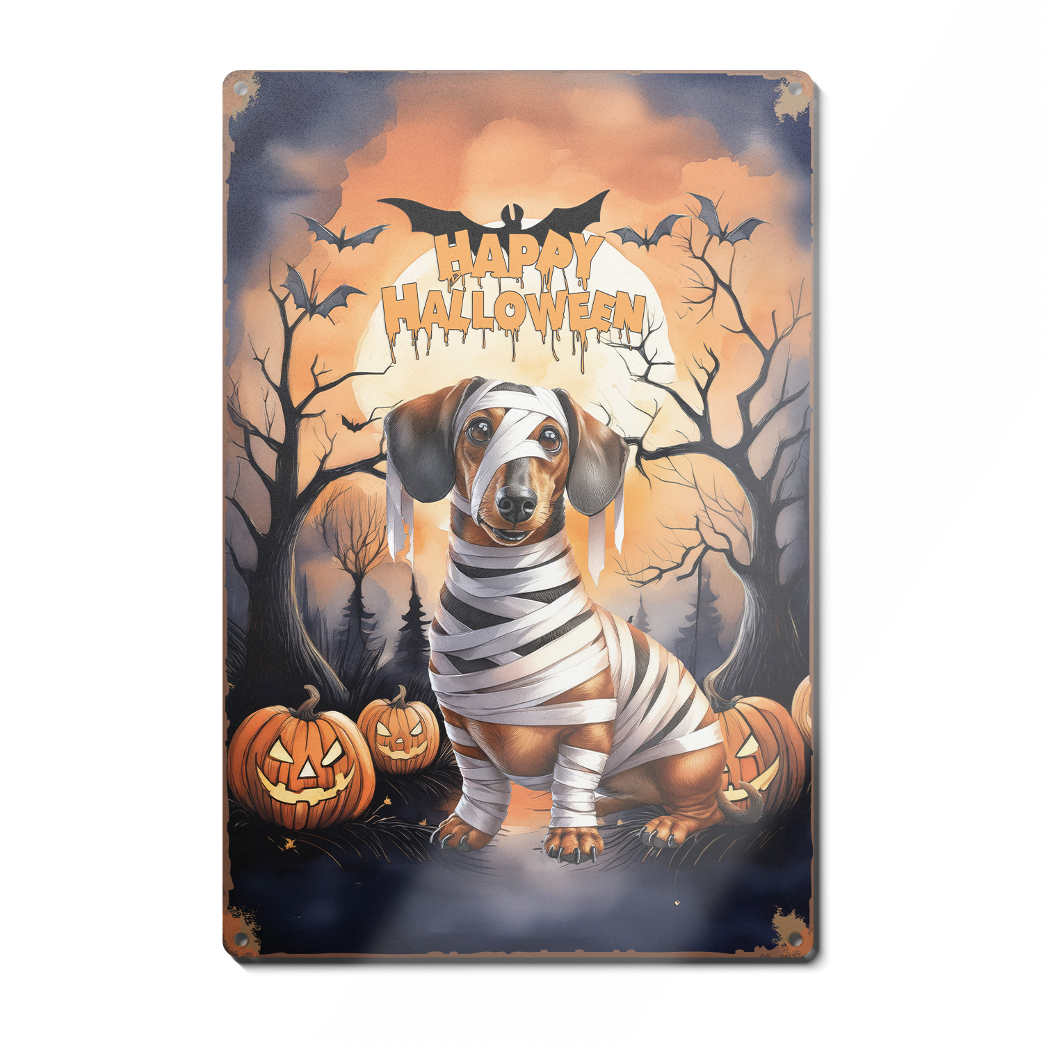 Mummy Dachshund Happy Halloween with Pumpkins Bats Spooky Fun Vertical ...