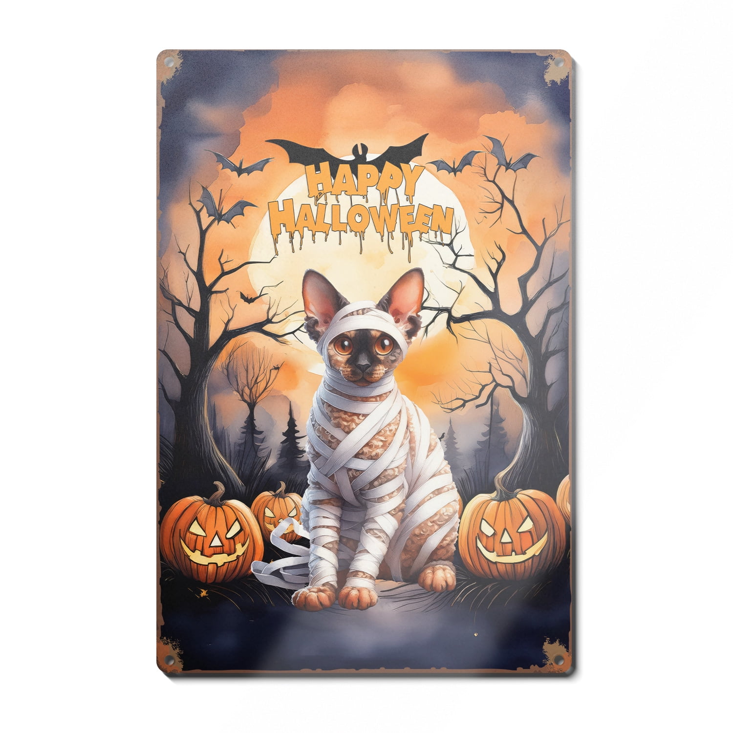 Mummy Devon Rex Happy Halloween with Pumpkins Bats Spooky Fun Vertical ...