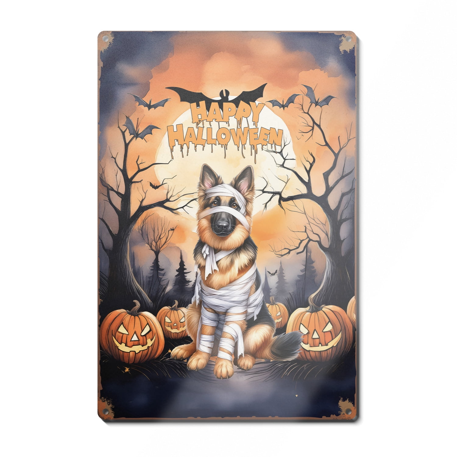 Mummy German Shepherd Happy Halloween with Pumpkins Bats Spooky Fun ...