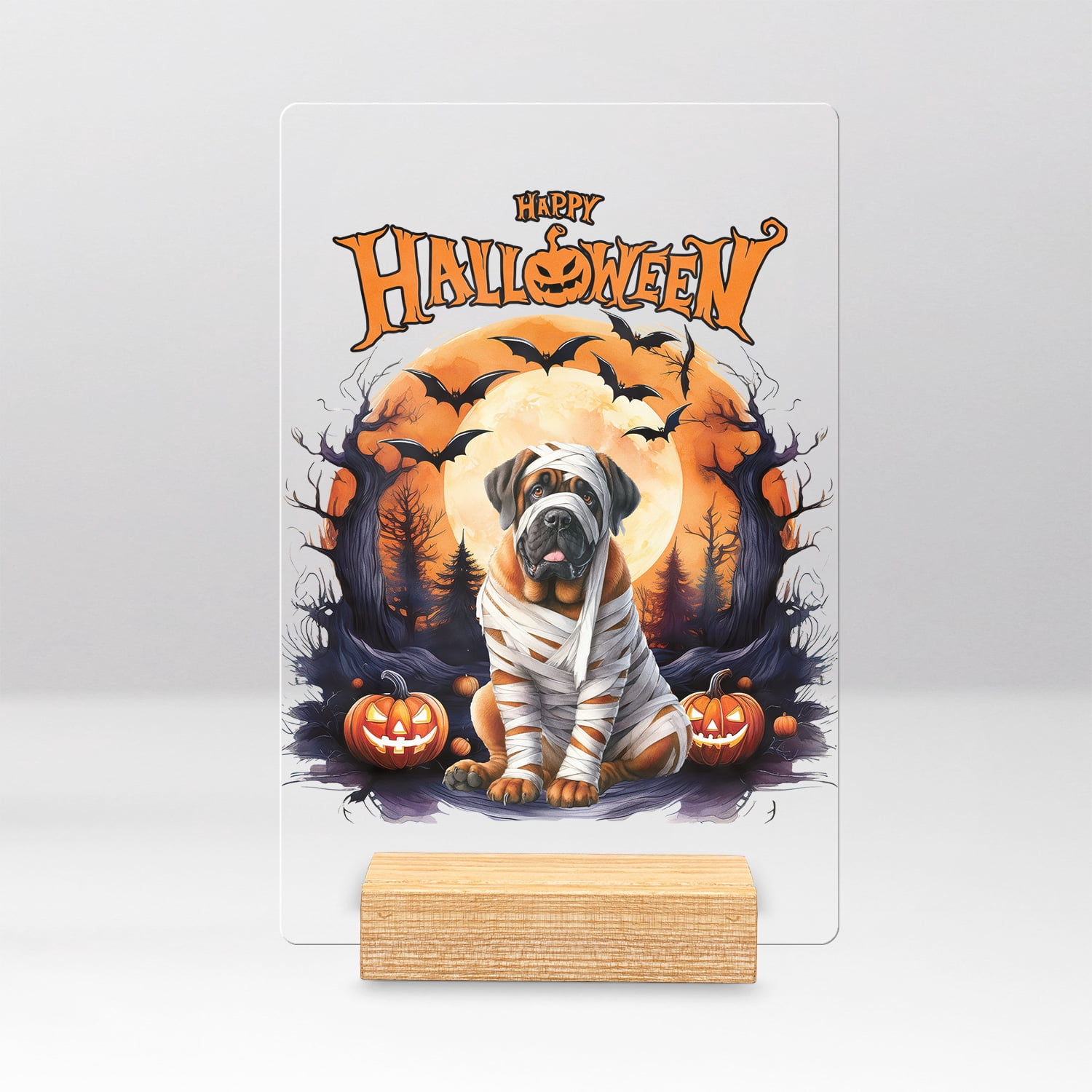 Mummy Mastiff Happy Halloween with Pumpkins Bats Spooky Fun Acrylic ...