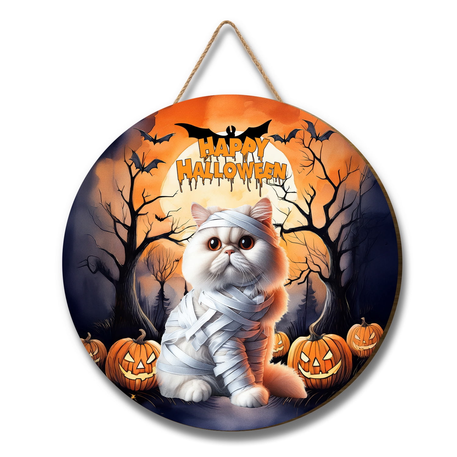 Mummy Persian Happy Halloween with Pumpkins Bats Spooky Fun Round Wood ...