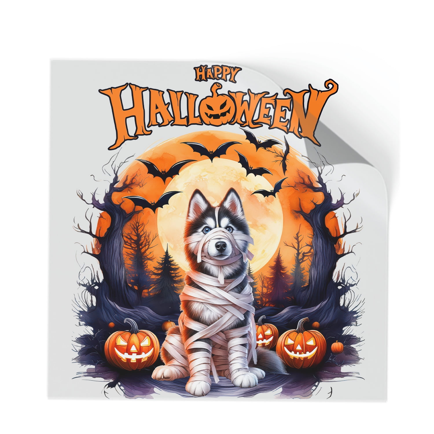 Mummy Siberian Husky Happy Halloween with Pumpkins Bats Spooky Fun ...