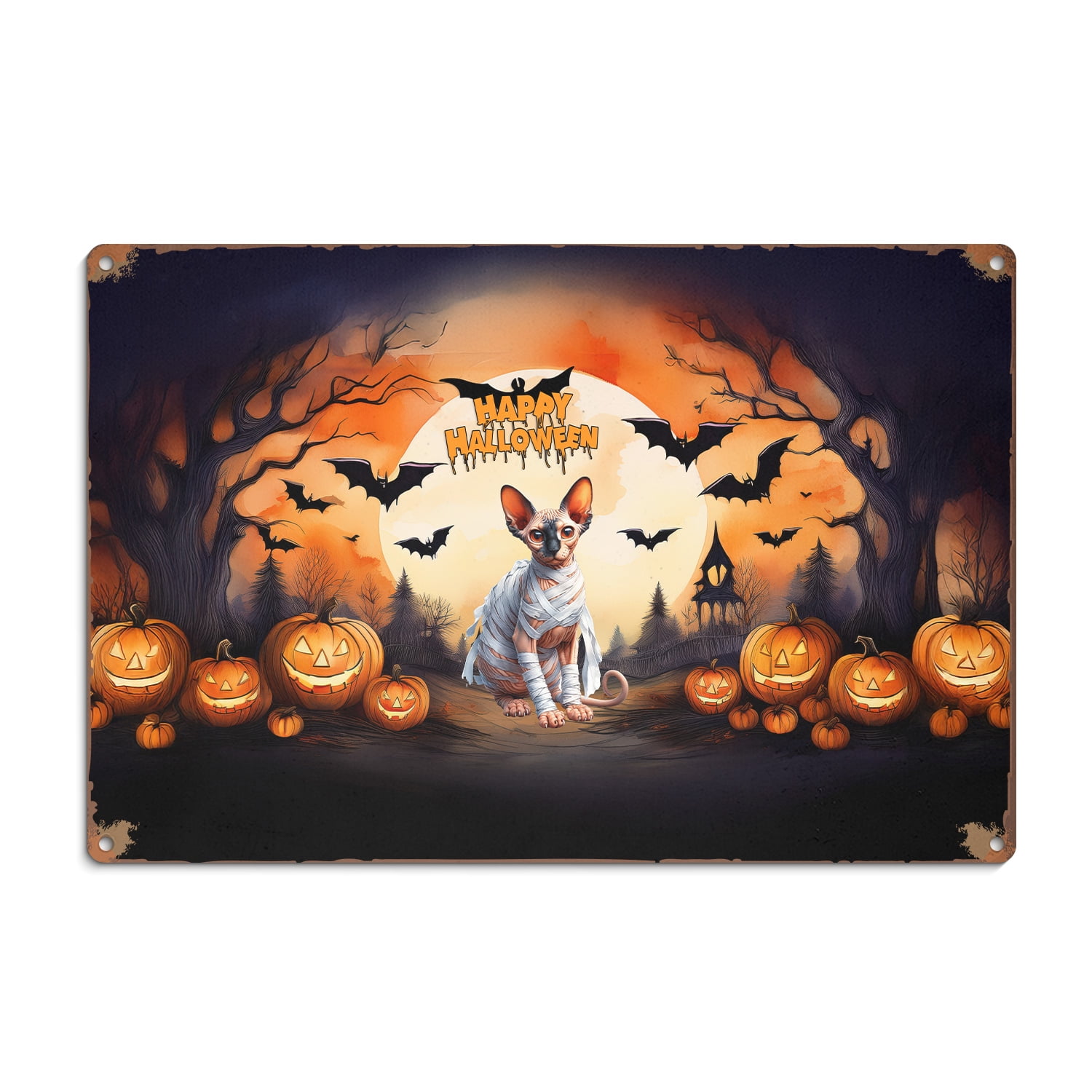 Mummy Sphynx Happy Halloween with Pumpkins Bats Spooky Fun Horizontal ...