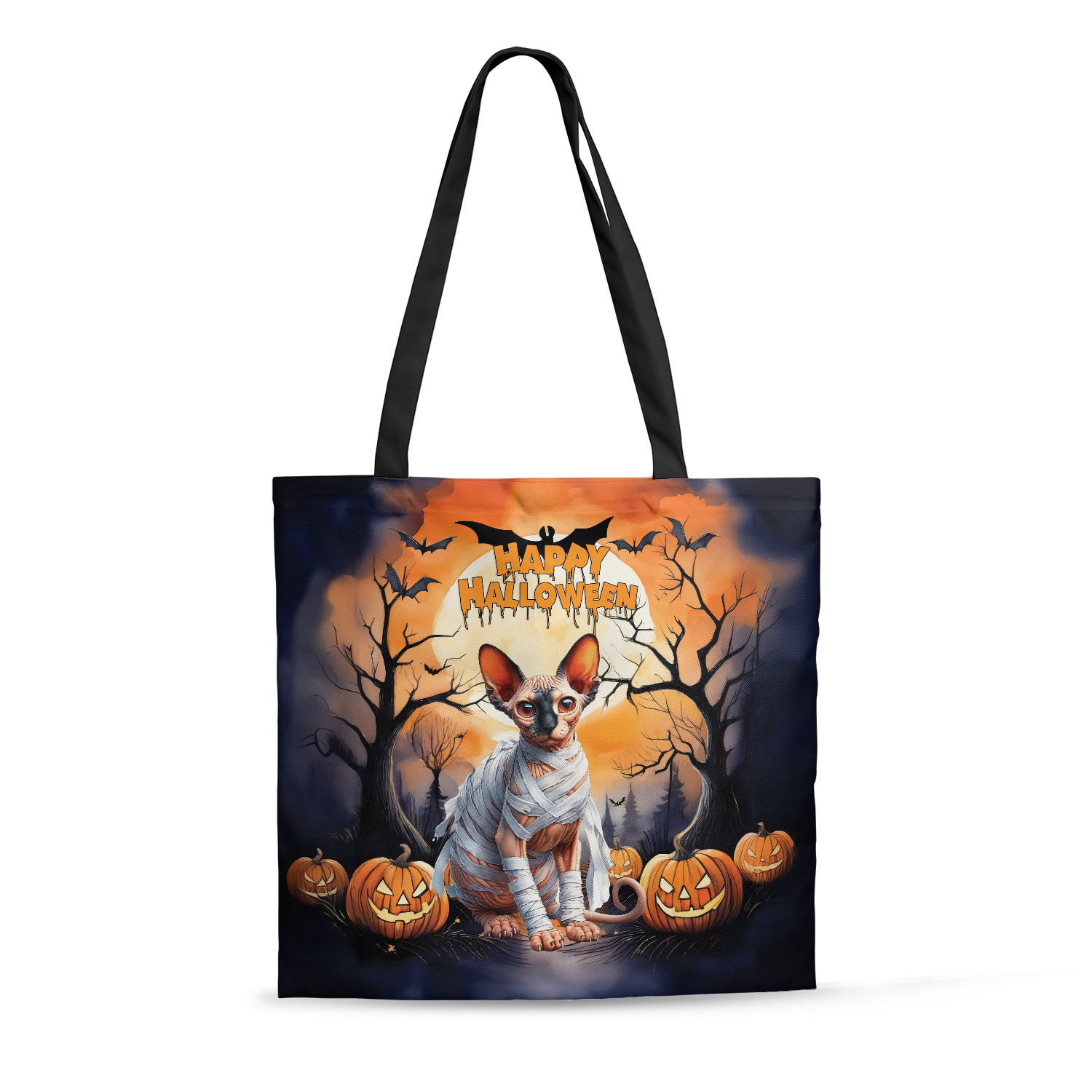 Mummy Sphynx Happy Halloween with Pumpkins Bats Spooky Fun All Over ...